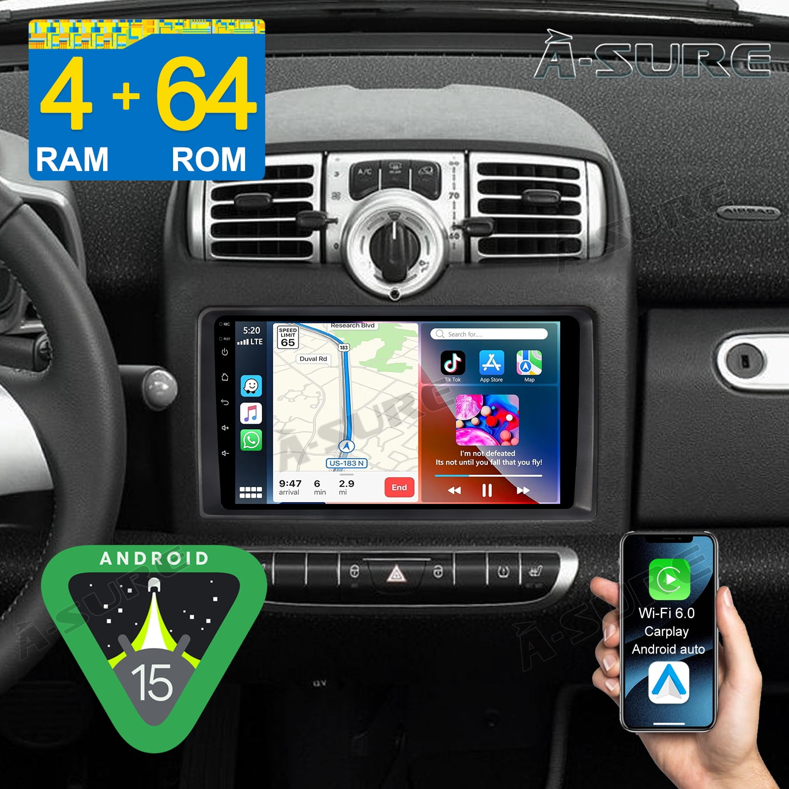 9" Android 15 Radio 4+64GB Car Stereo for SMART FORTWO II 2007-2010 ...