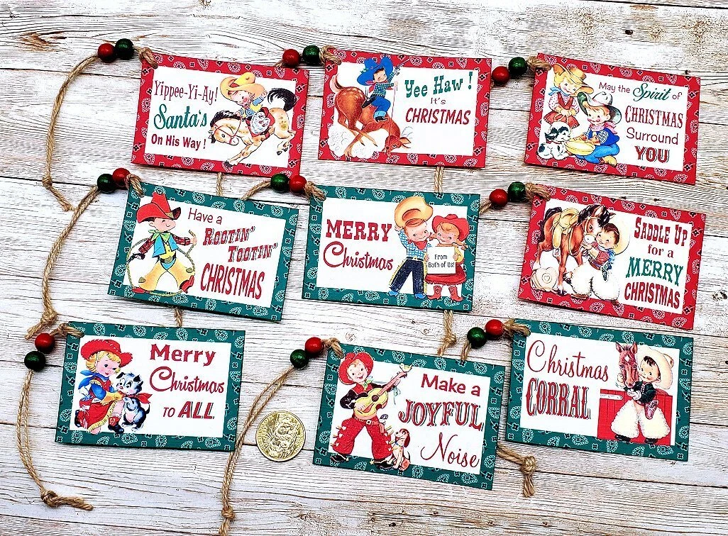 9-Christmas-Farmhouse-Western-Kids-Cowboy-Holiday-Linen Cardstock-Gift ...