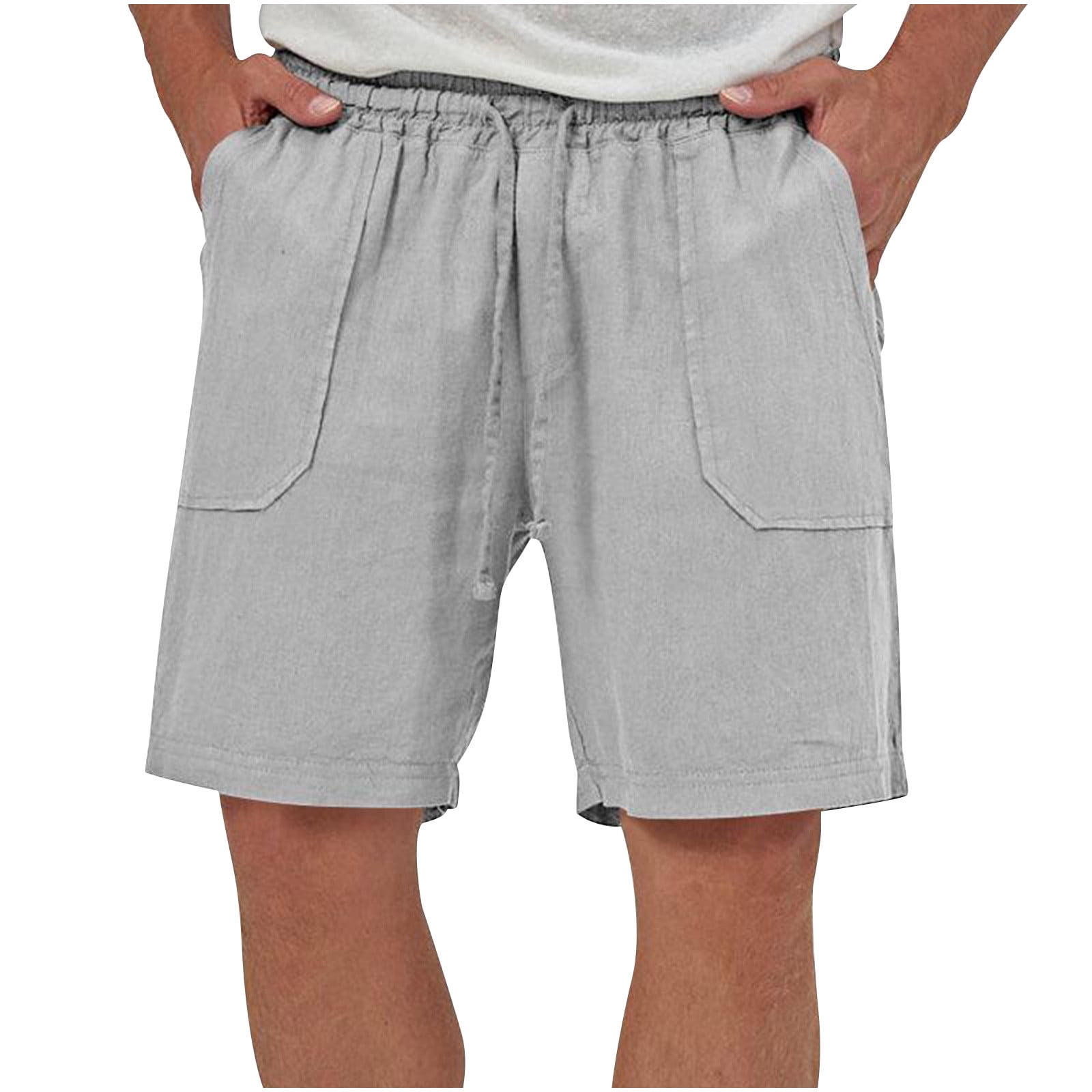 9" Cotton Linen Mens Shorts,Breathable Elastic Waist Pockets Beach ...