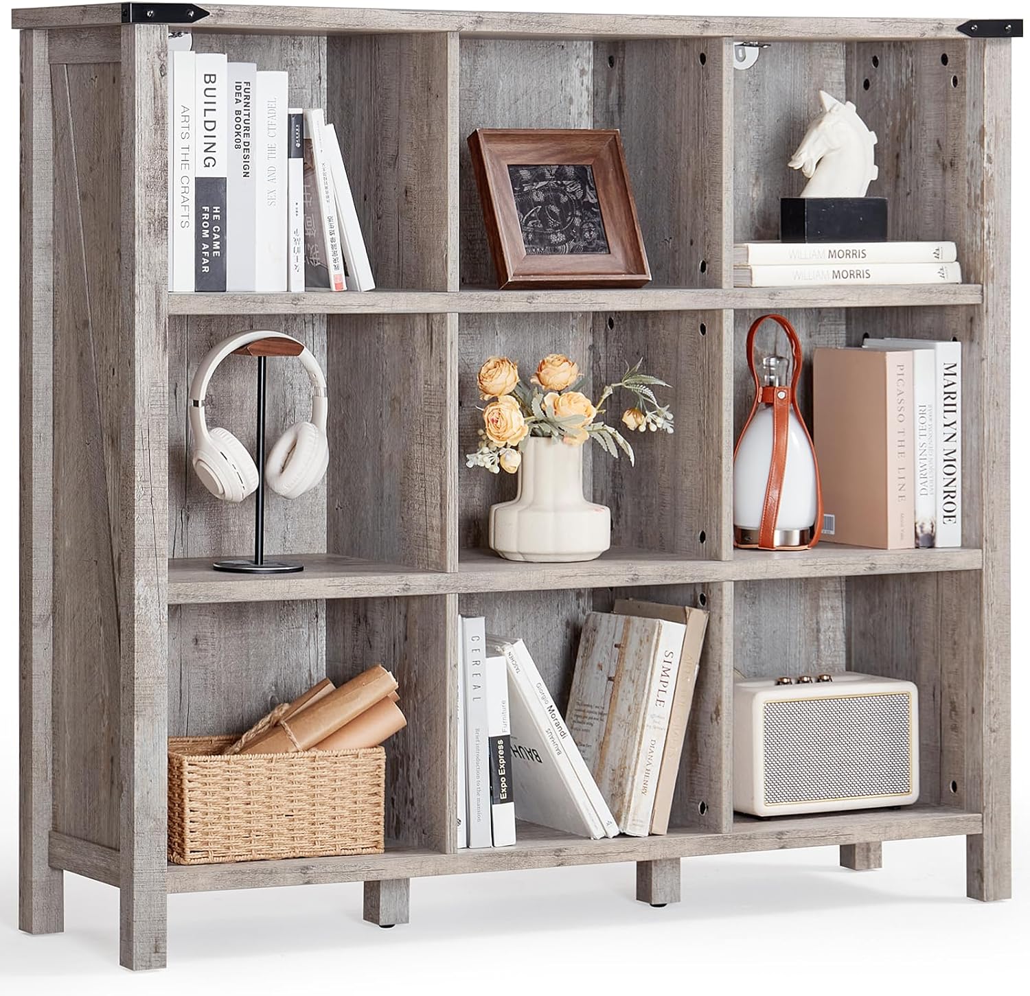 9 Cube Bookcase, Farmhouse 47 Inch Wide Grey Oak Bookshelf, Wooden 3 ...