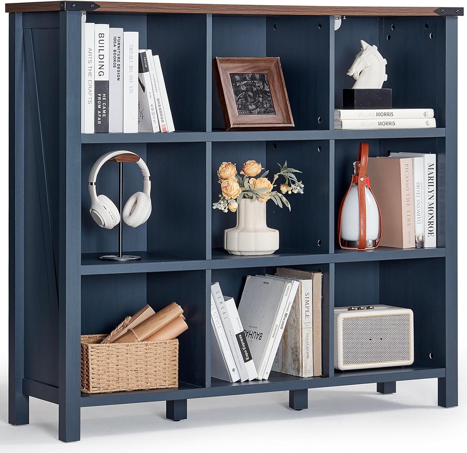 9 Cube Bookcase, Farmhouse 47 Inch Wide Navy Blue Bookshelf, Wooden 3 ...