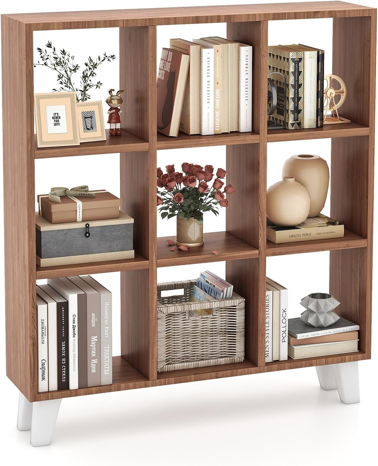 9-Cube Bookcase Freestanding 3-Tier Bookshelf with 6 Removable Shelves ...