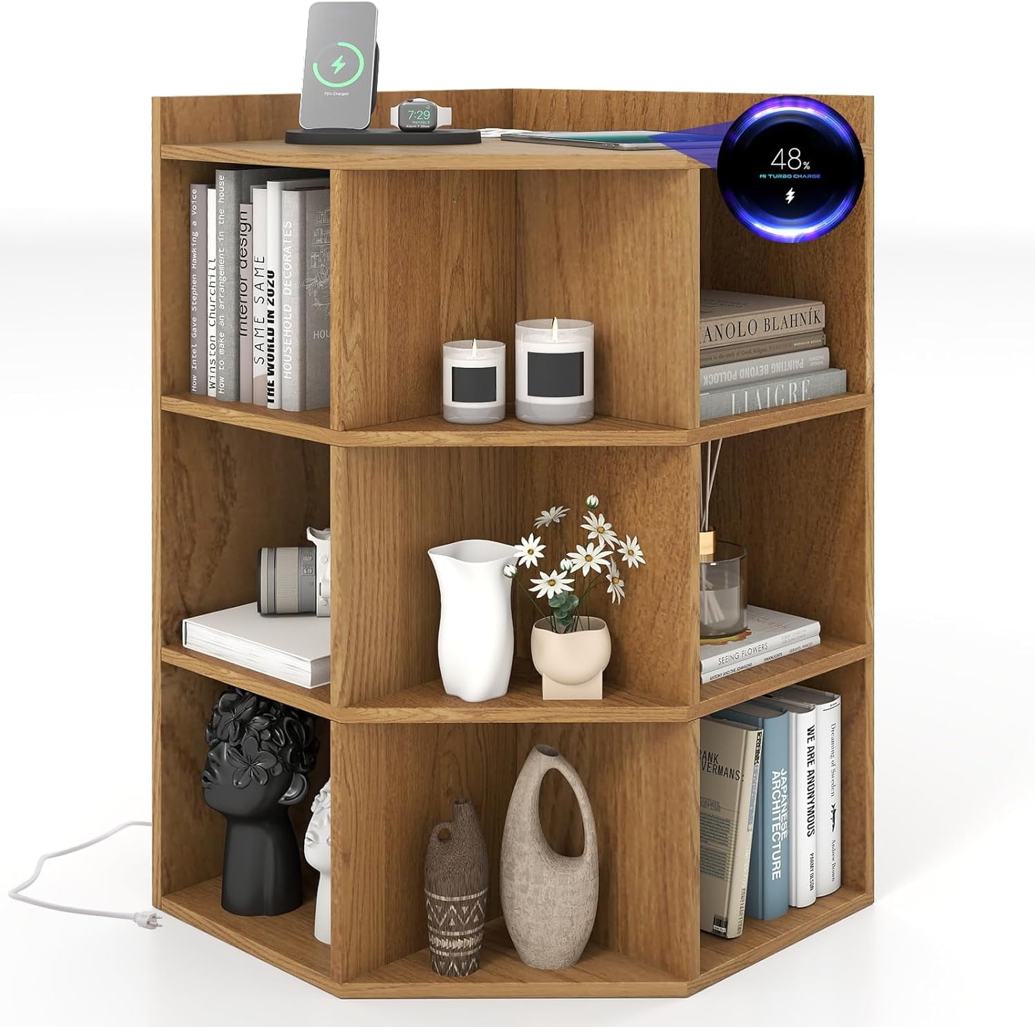 9 Cube Corner Bookshelf with Charging Station, 90 Degree Corner Cabinet ...