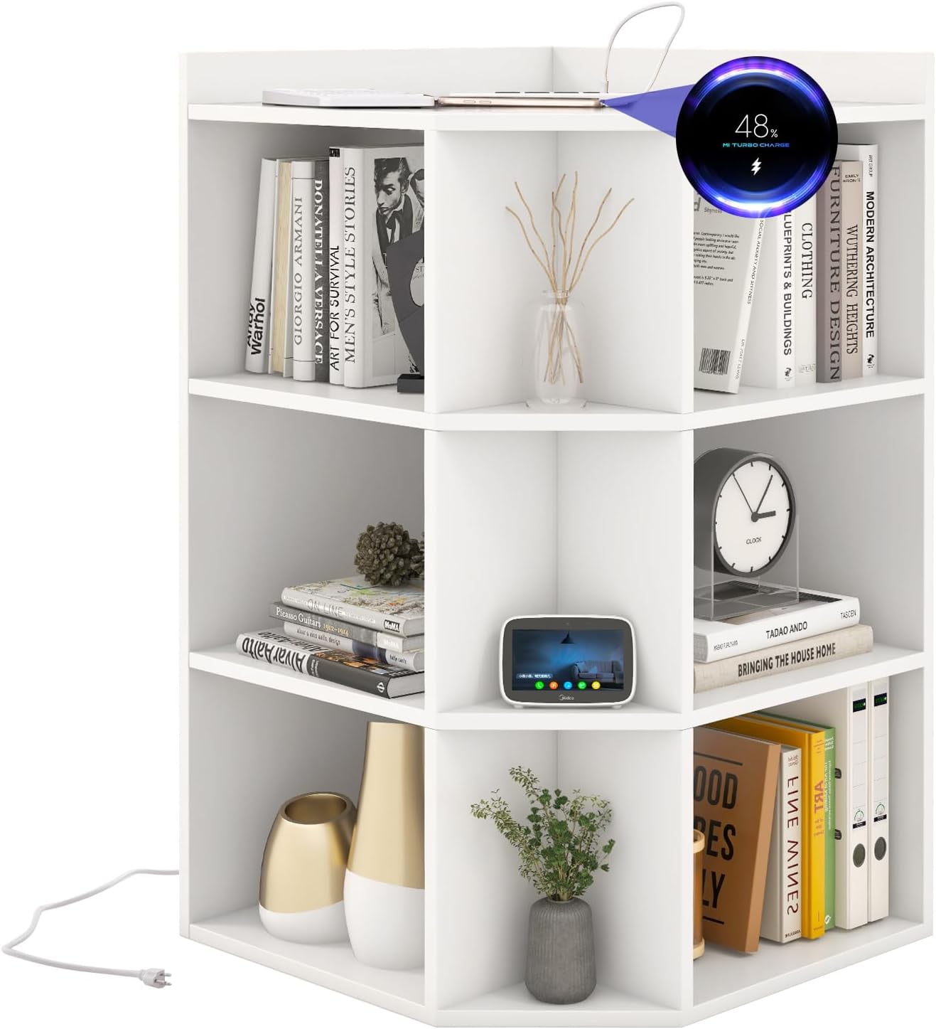 9 Cube Corner Bookshelf with Charging Station, 90 Degree Corner Cabinet ...