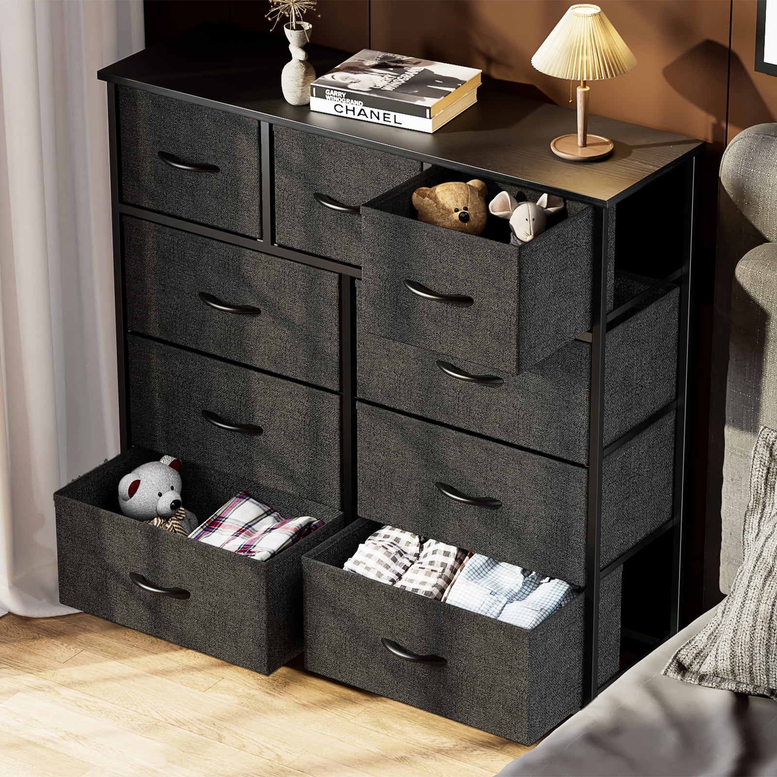 9-Cube Fabric Storage Dresser with Wooden Top – Modern Drawer Organizer ...