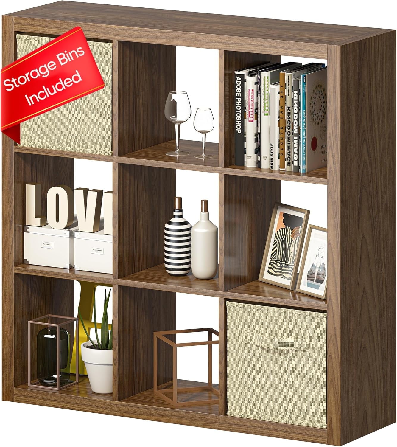 9 Cube Shelf, Closet Storage Organizers, Modern Open Bookcase with Bins ...