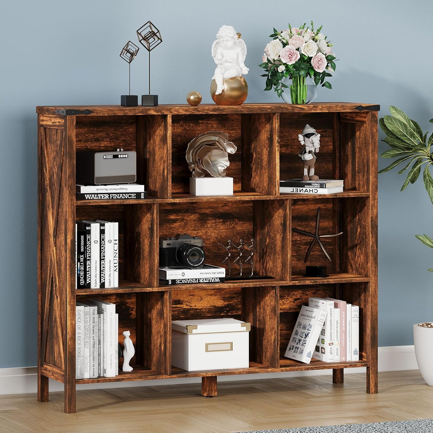 9 Cube Storage Organizer, Farmhouse Bookshelf Wooden Cube Shelves Bookcase 3-Tier Display ...