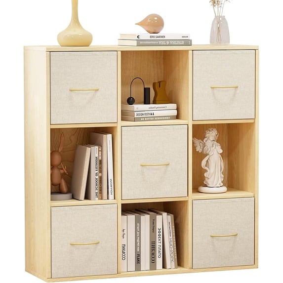 9 Cube Storage Organizer - Solid Wood Bookshelf with 5 Storage Bins ...