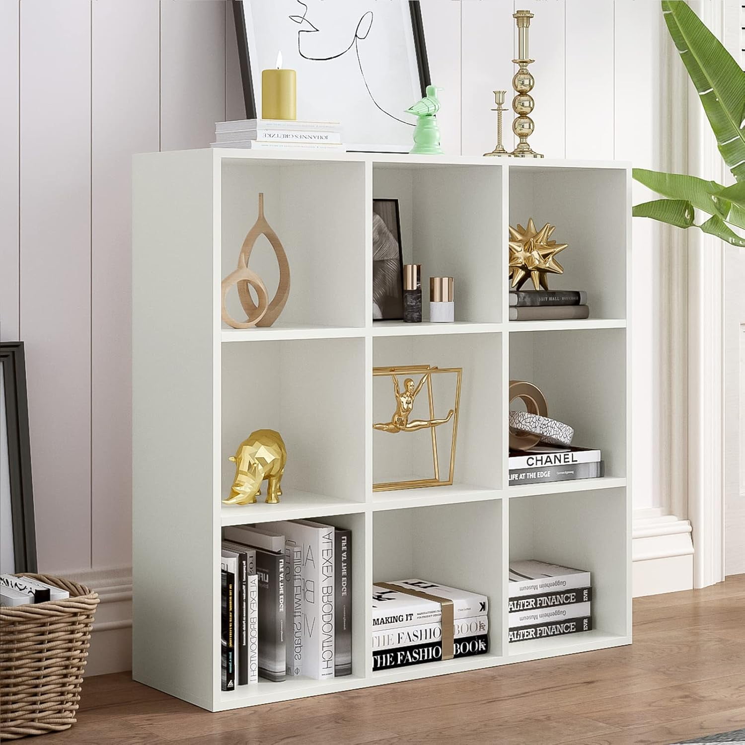 9-Cube Storage Shelf Bookcase - Wooden 3-Tier Floor Standing Open ...
