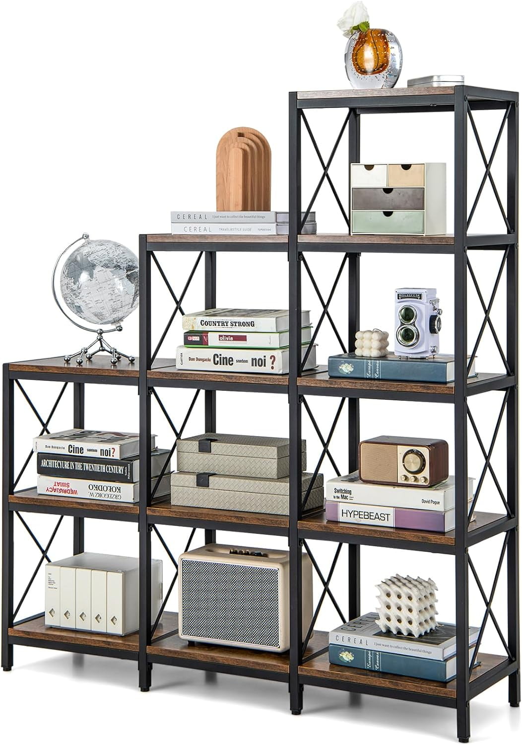 9 Cubes Bookshelf, 5-Tier Stepped Bookcase w/Carbon Steel Frame, Anti ...
