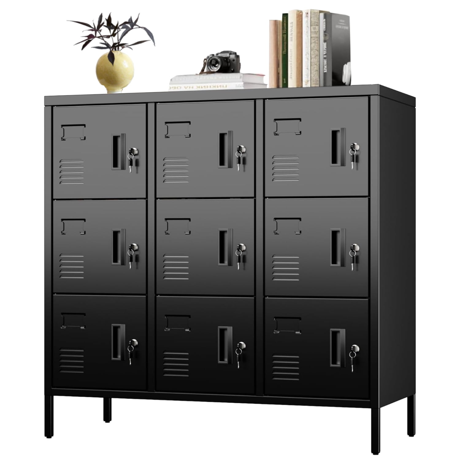 9 Door Black Metal Locker with Padlock and Keys, ID Card Slot ...