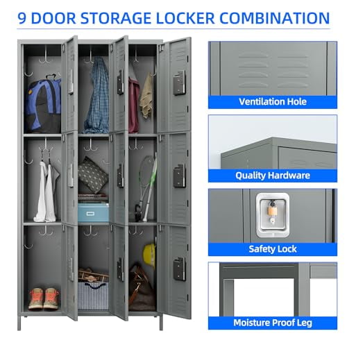 9 Doors Storage Locker Combination with 18 Hooks,Industries Double Tier ...