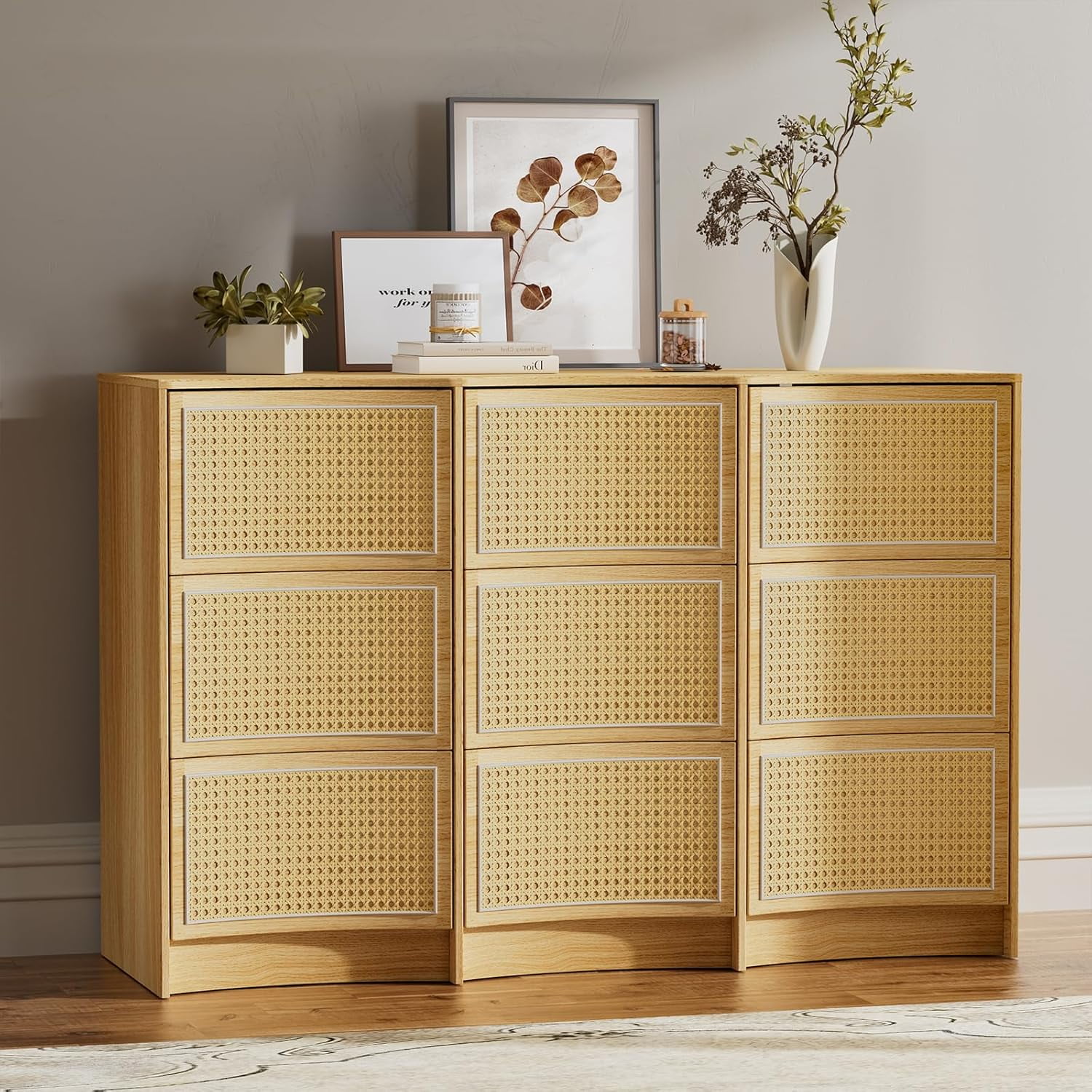 9 Drawer Dresser for Bedroom, Boho Rattan Dresser, Modern Wood Storage ...