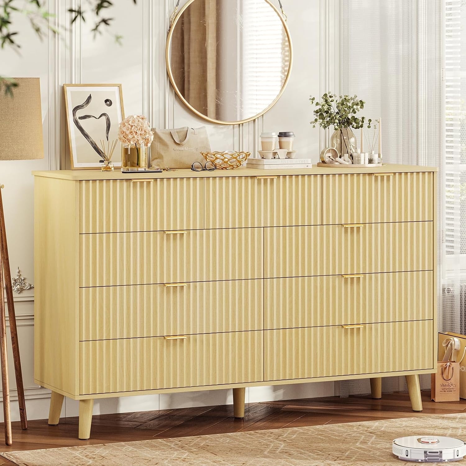 AOGLLATI 9 Drawer Dresser for Bedroom with Fluted Panel, 55'' Wide Mid ...