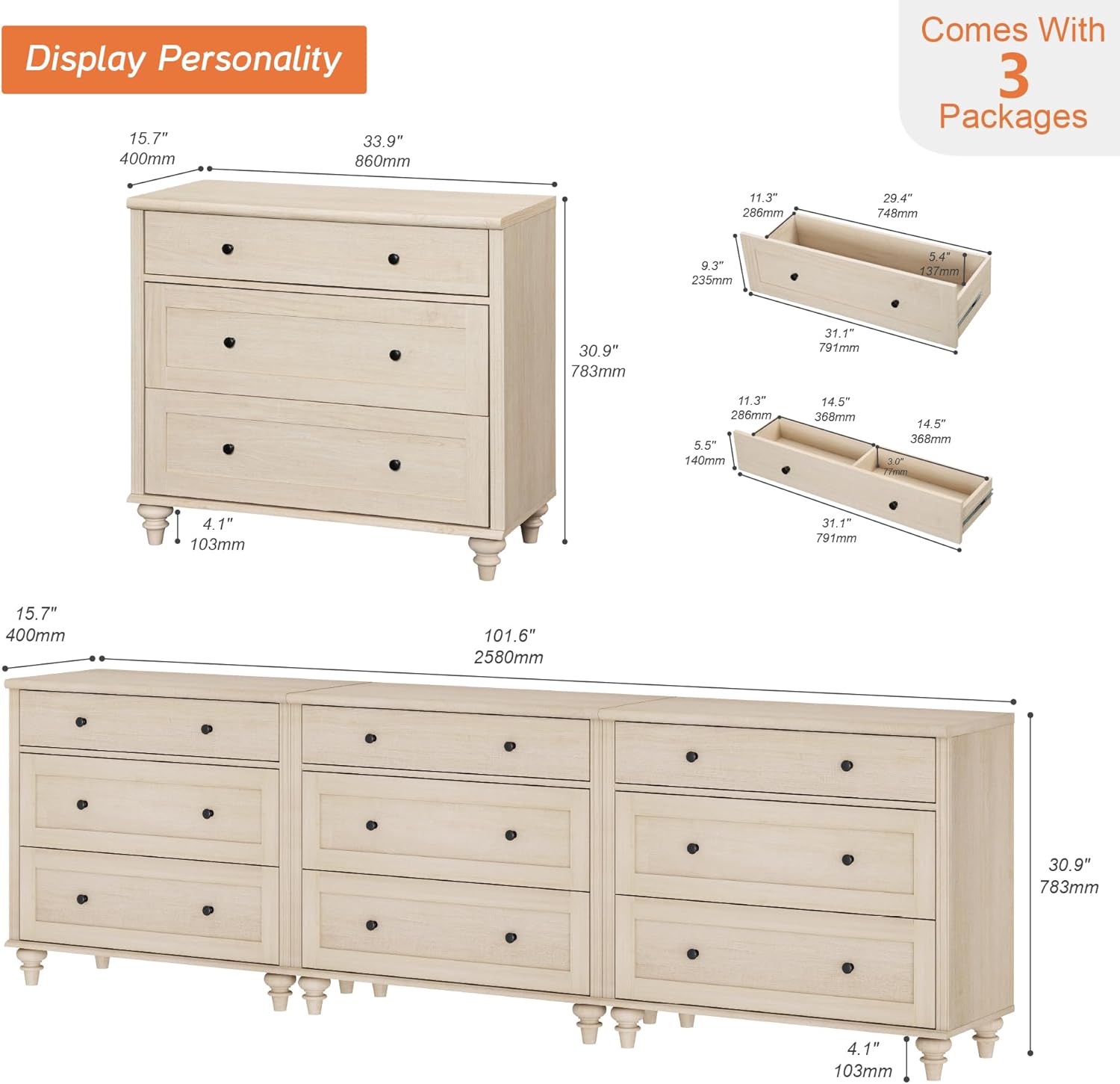 9 Drawer Dresser with 3-in-1 Design, Mid Modern Wooden Storage ...