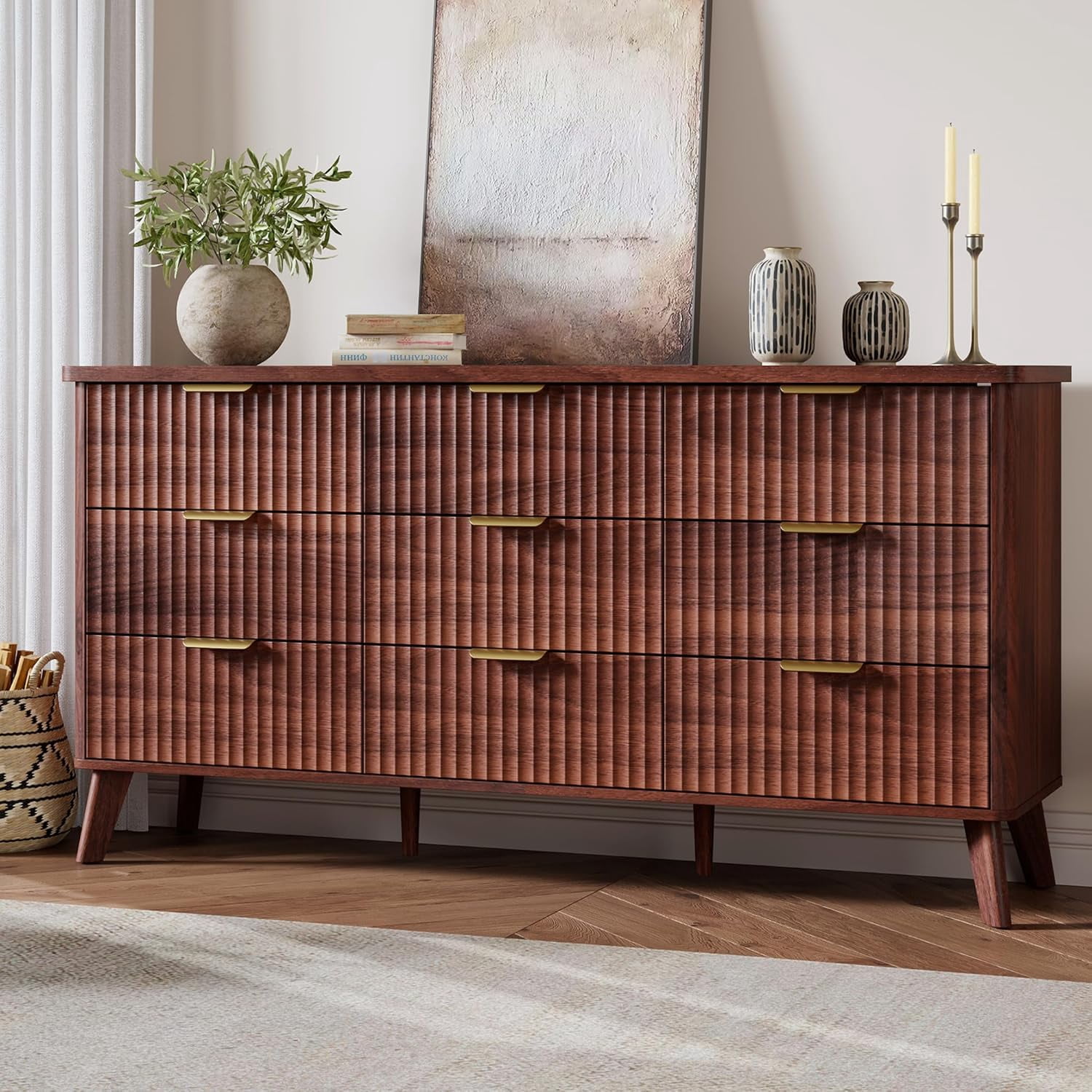 9 Drawer Fluted Dresser with Faux Marble Top, Curved Wood Chest, TV ...