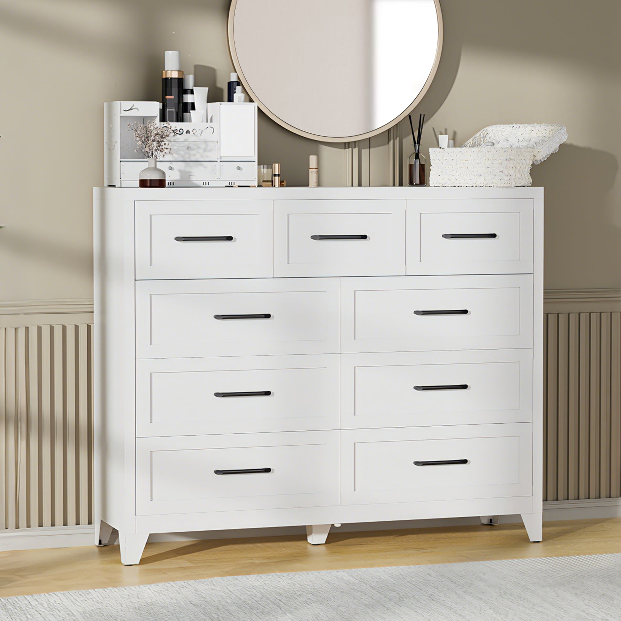 9-Drawer Metal Dresser Tall Low-Profile Storage Cabinet Organizer with ...