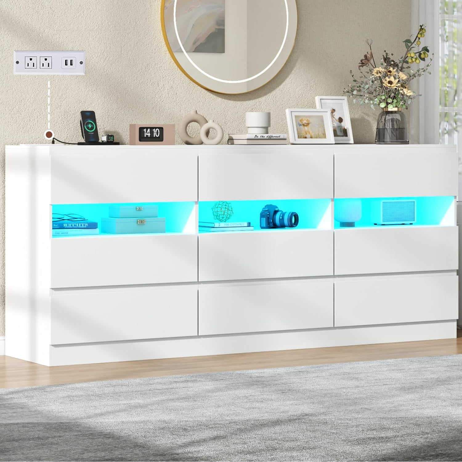9 Drawer Triple Dresser with Charging Station & Led Lights for Bedroom ...