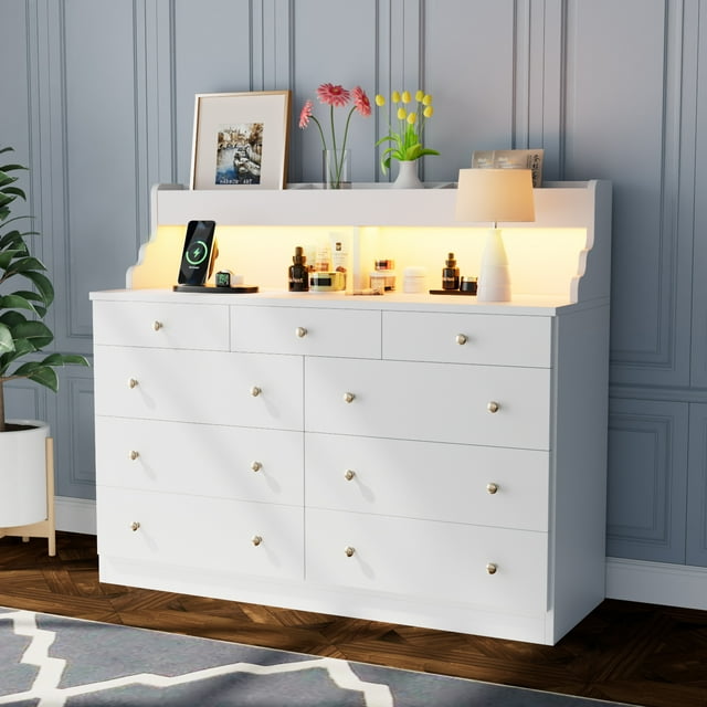 9 Drawers Dresser with LED Light, Dresser for Bedroom with Power Outlet ...