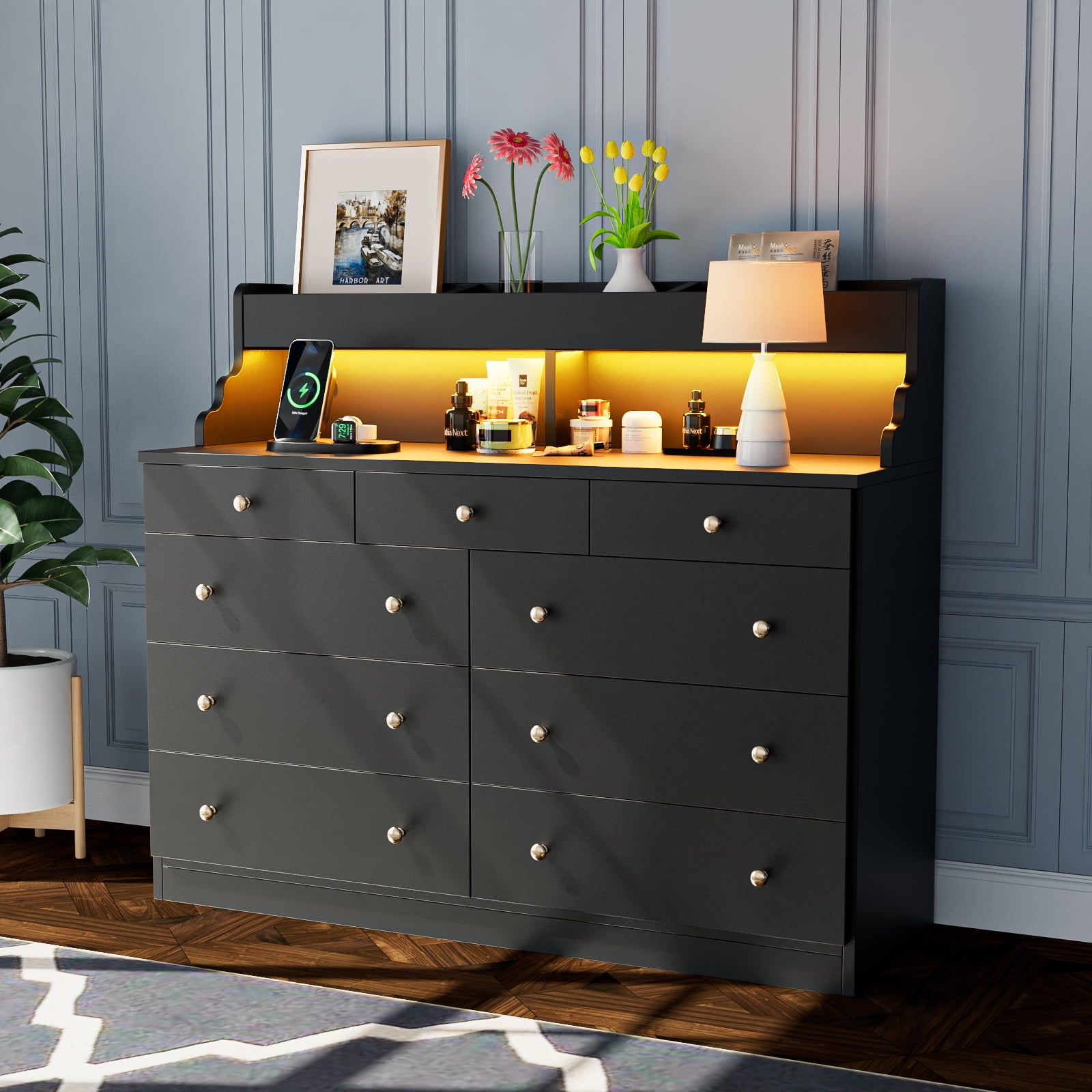 9 Drawers Dresser with LED Light, Dresser for Bedroom with Power Outlet ...