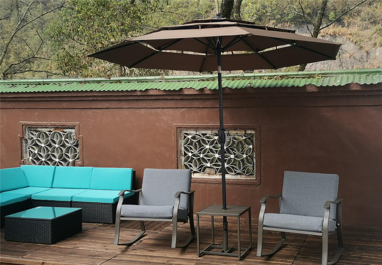 9 FT 3-Tiers Patio Outdoor Beach Umbrella, Heavy-Duty Market Umbrellas with Crank and tilt and ...