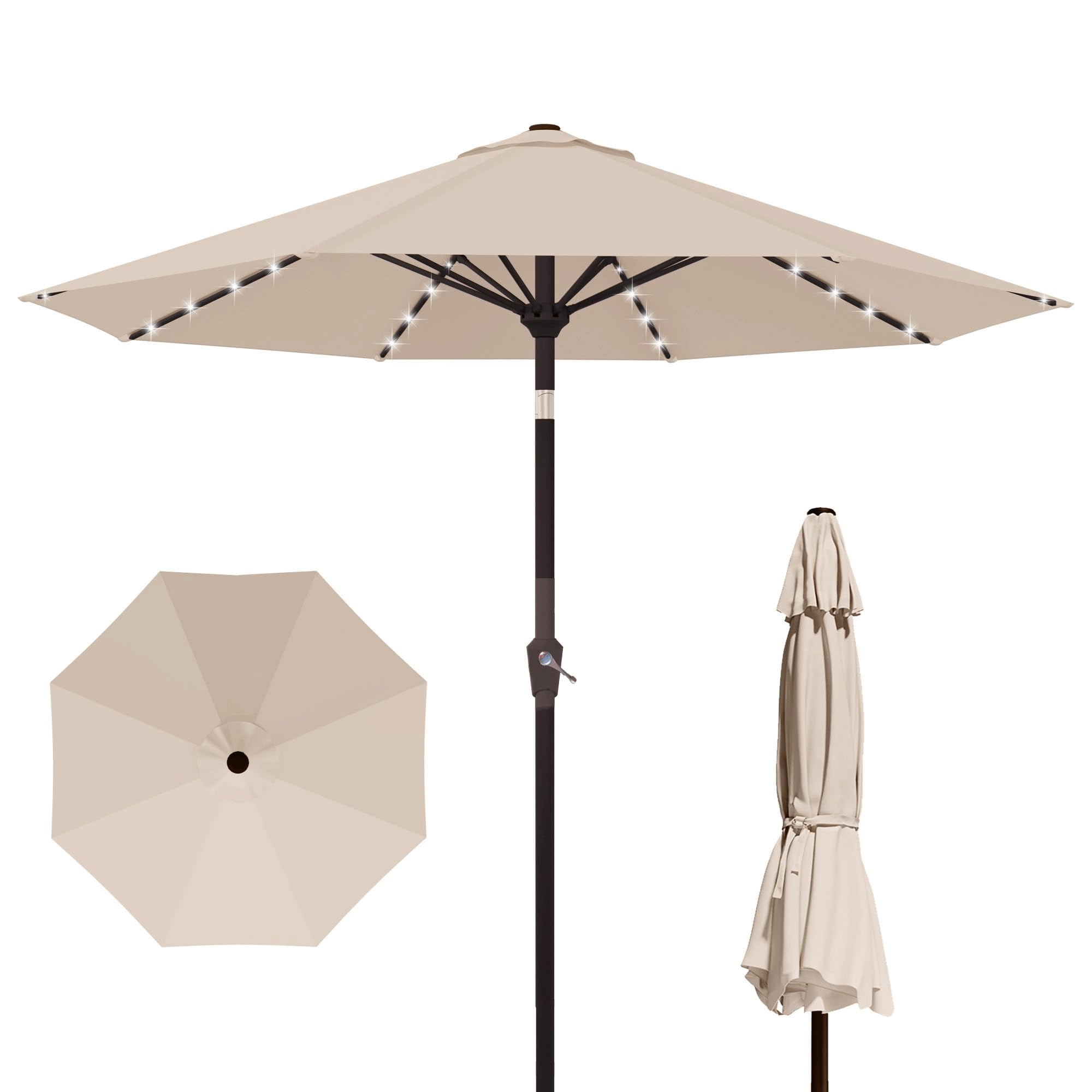 9 FT Beige-LED Patio Umbrella with Solar Lights, Market Table Use ...