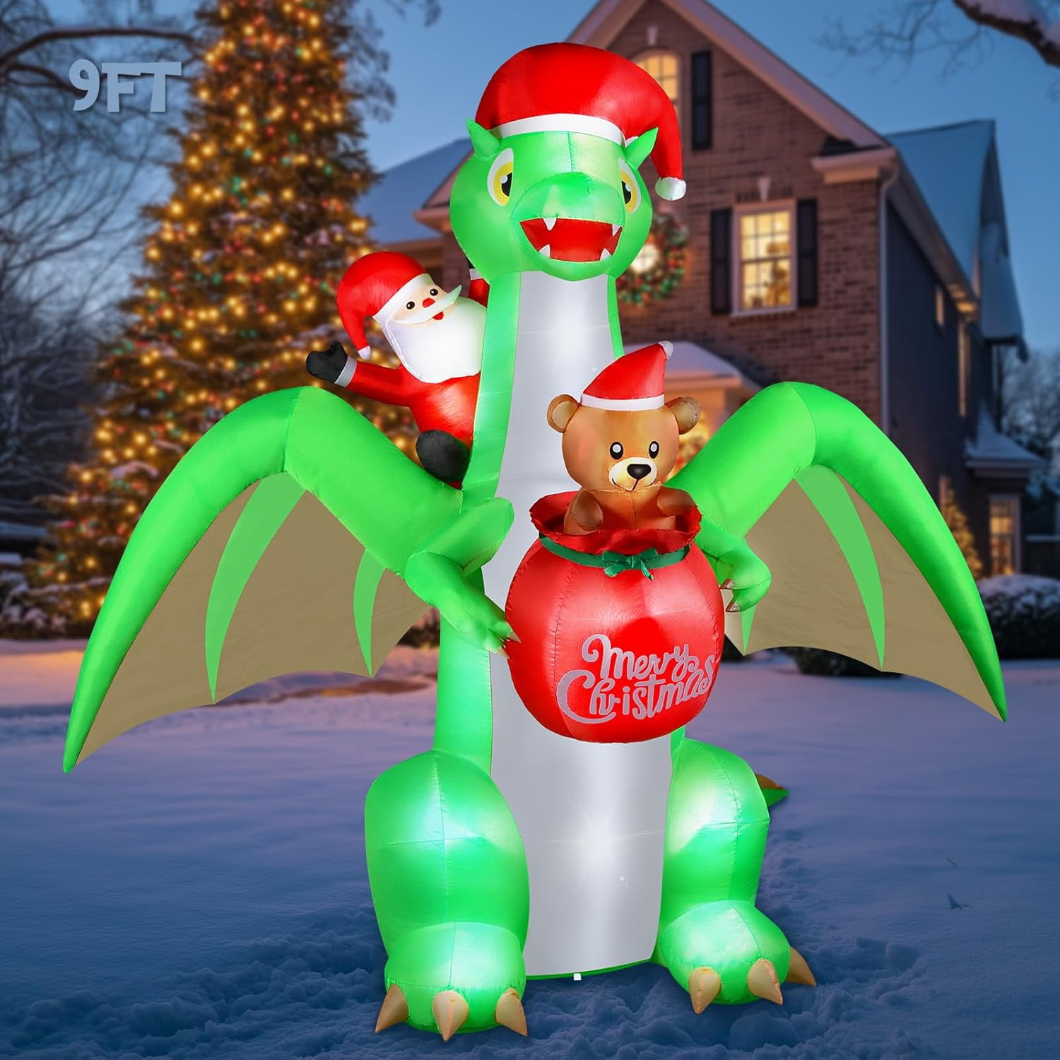 9 FT Christmas Inflatable Santa Claus and Dinosaur with LED Light ...