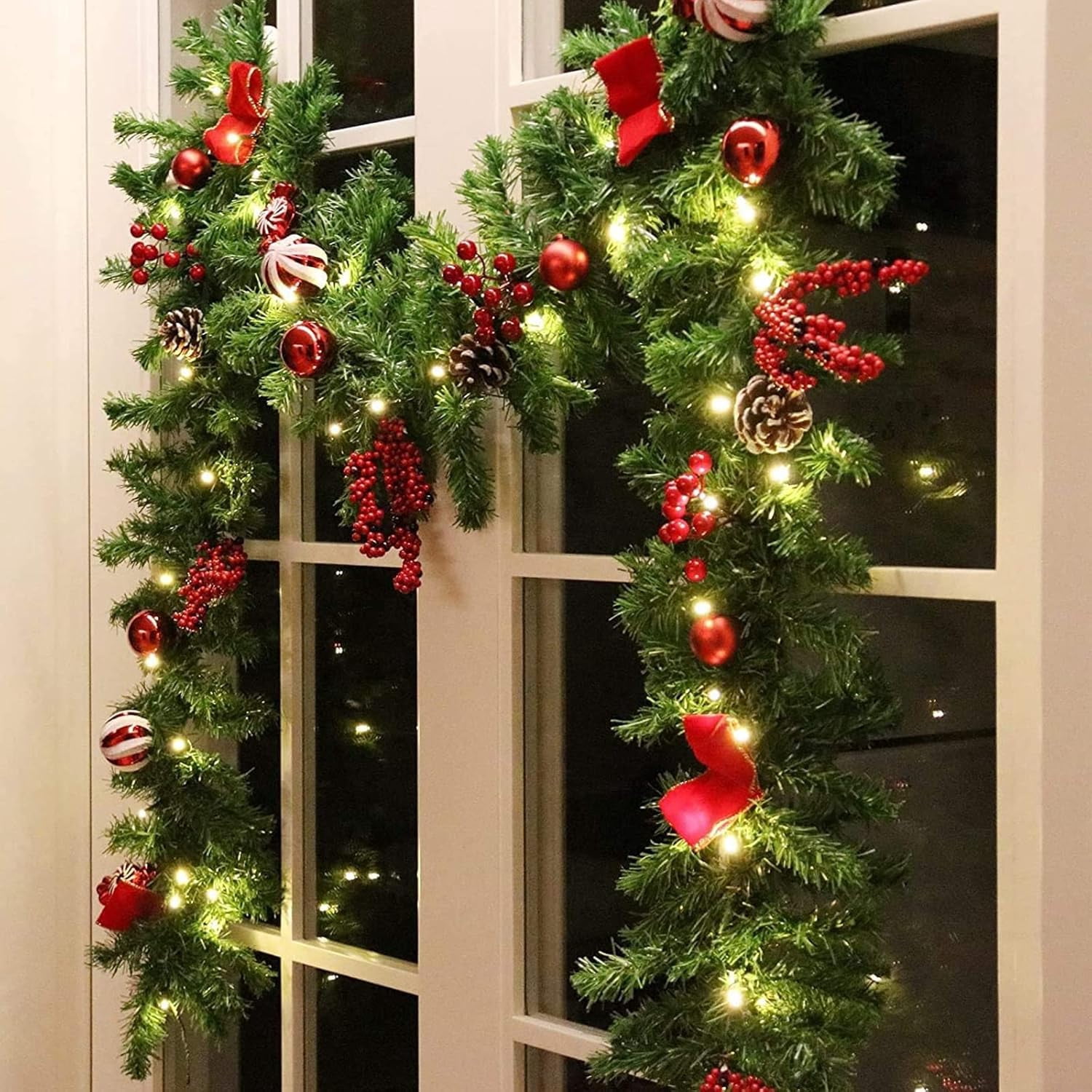 9 FT LED Christmas Garland with Pinecones Red Berries Bows Christmas ...