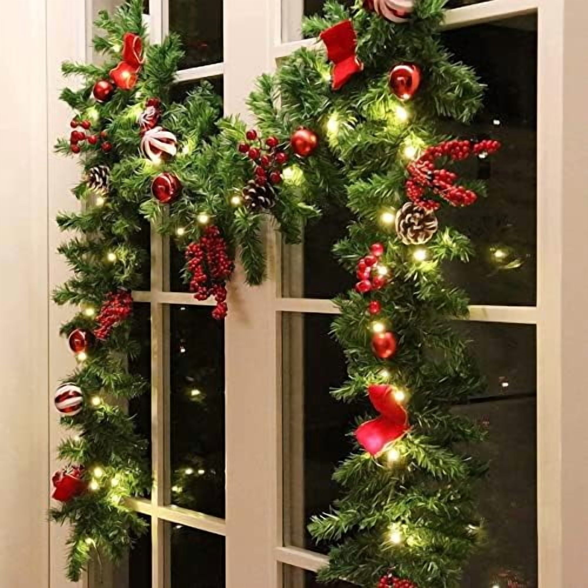 9 FT LED Christmas Garland with Pinecones Red Berries Bows Christmas ...