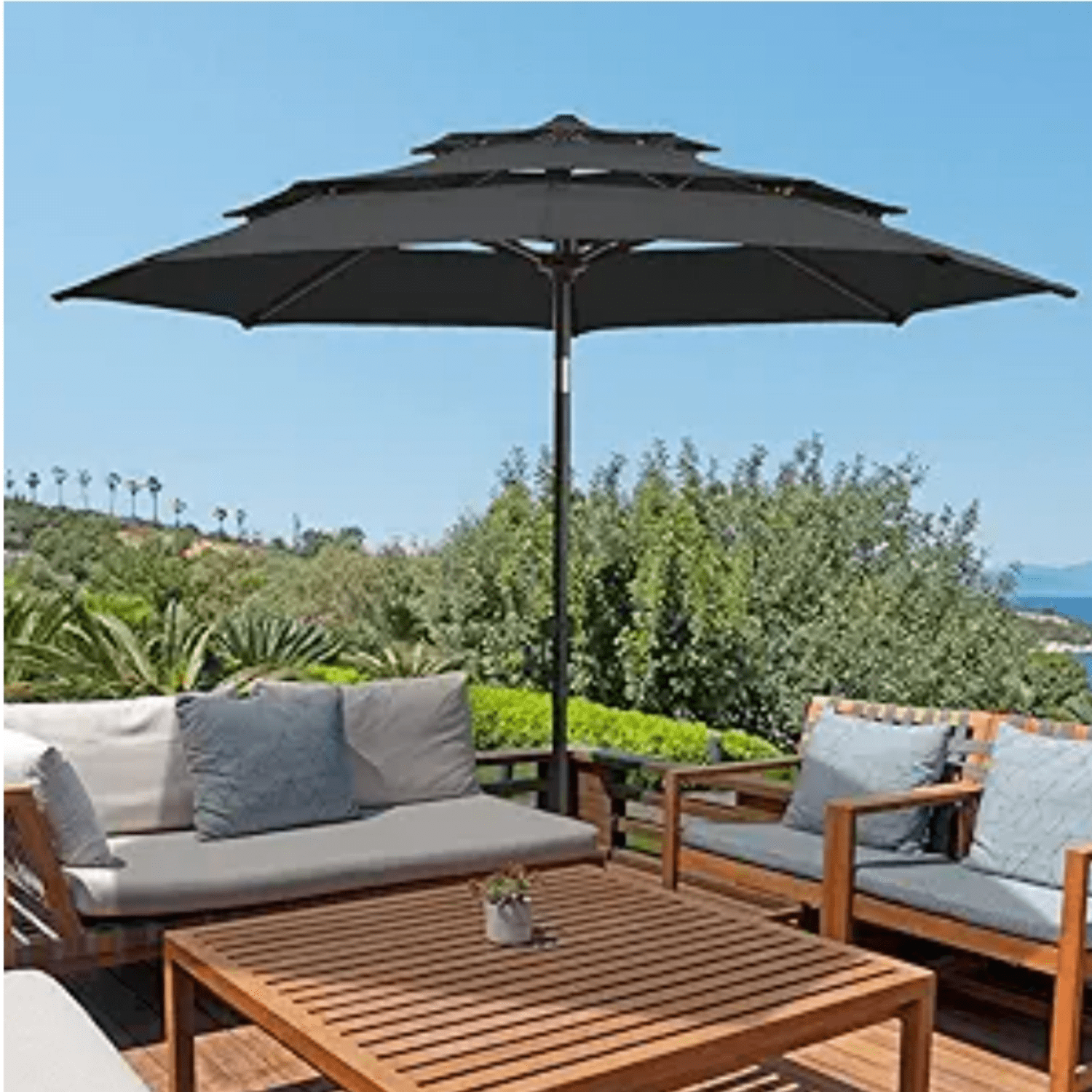 9 FT Patio Umbrellas 3-Tiers Outdoor Table Market Umbrella with Push Button Tilt/Crank, Fade ...