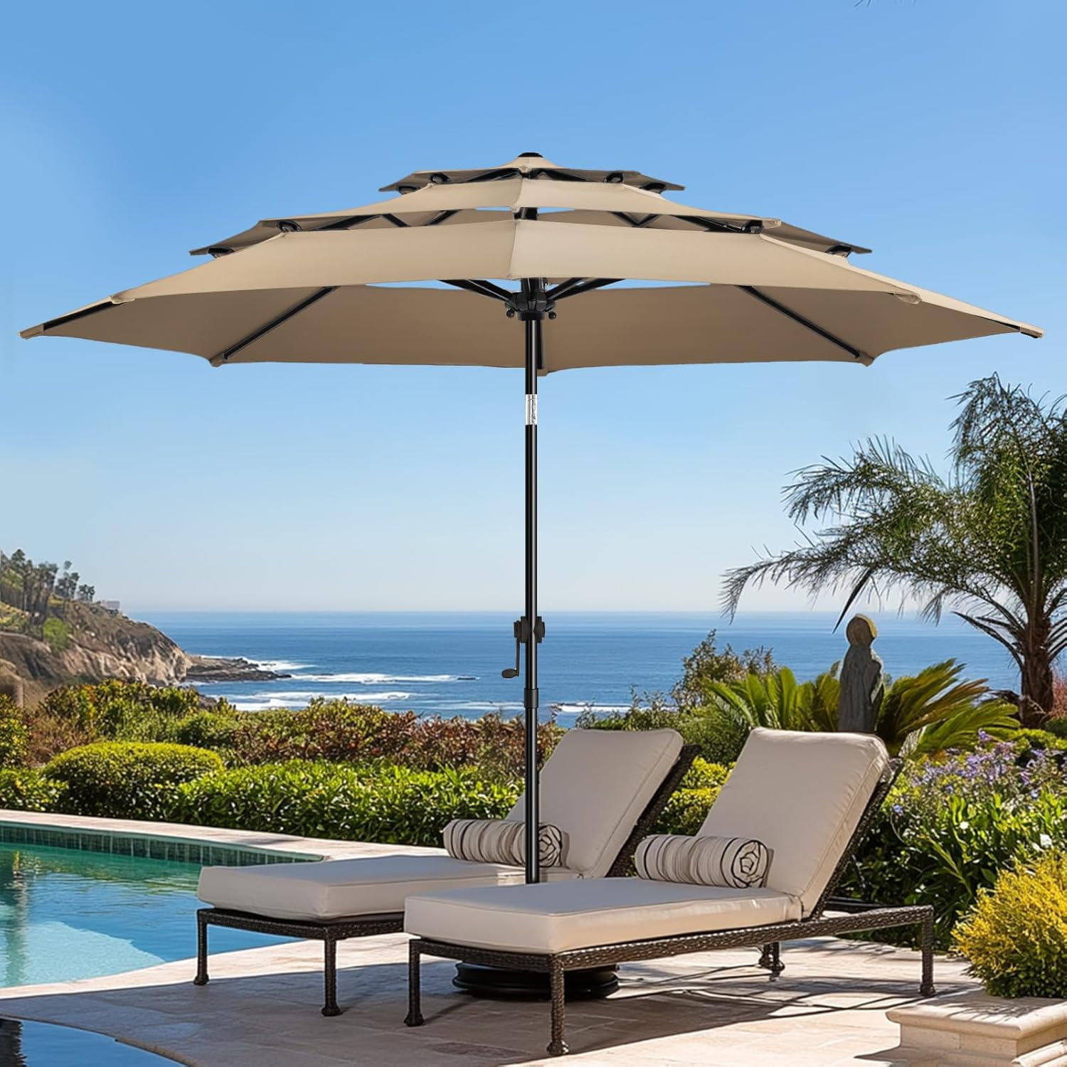 9 FT Patio Umbrellas 3-Tiers Outdoor Table Market Umbrella with Push Button Tilt/Crank, Fade ...