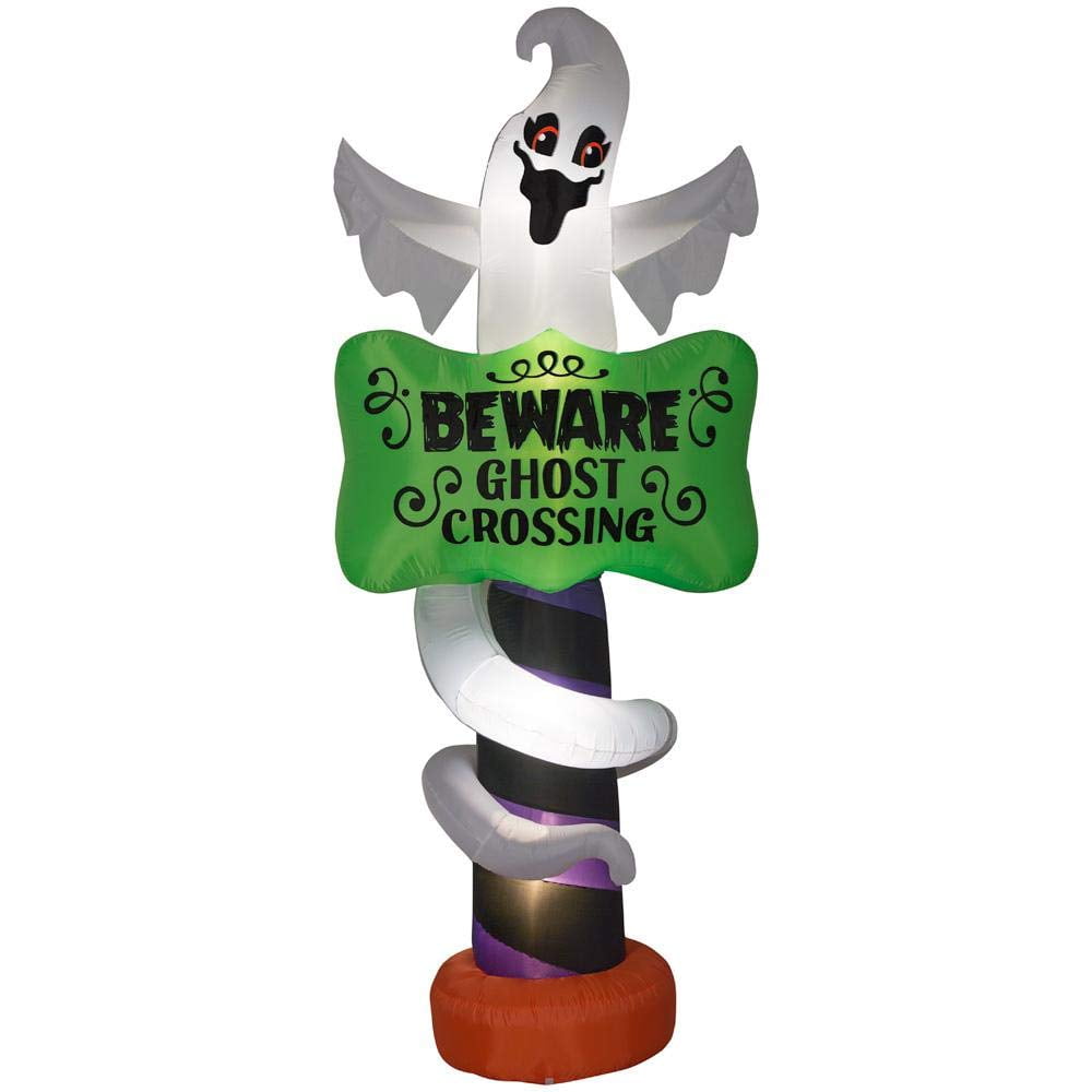 9 Foot Tall Beware Ghost Crossing Sign Halloween Light Up Airblown ...