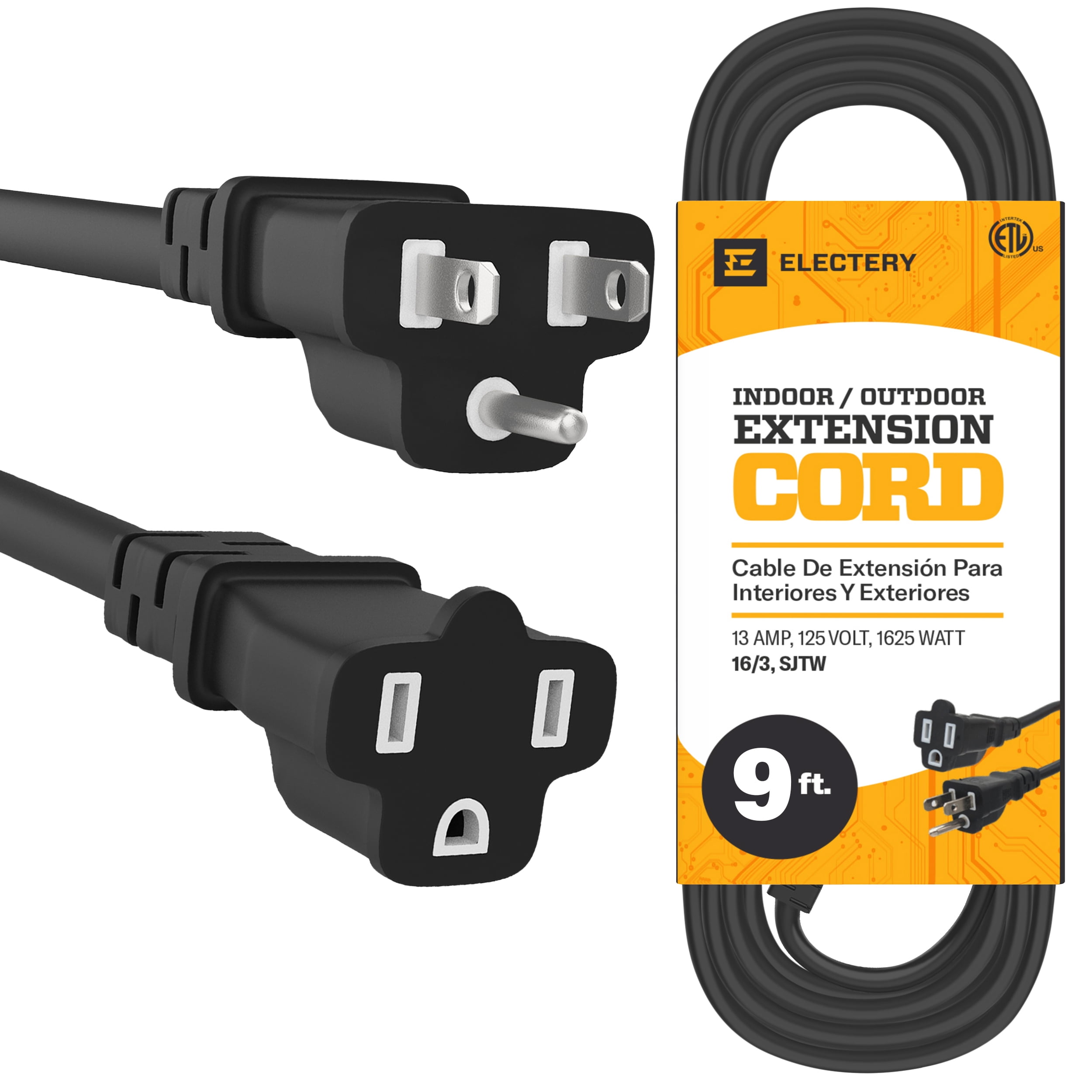 9 Ft Black Indoor Outdoor Extension Cord, Heavy Duty Flexible 16 AWG ...