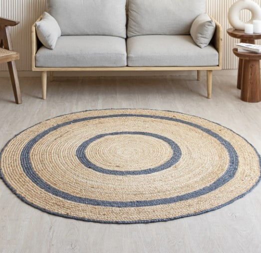 9 Ft Round Navy Blue & Natural Jute Area Rug, Hand-Woven Farmhouse Boho ...