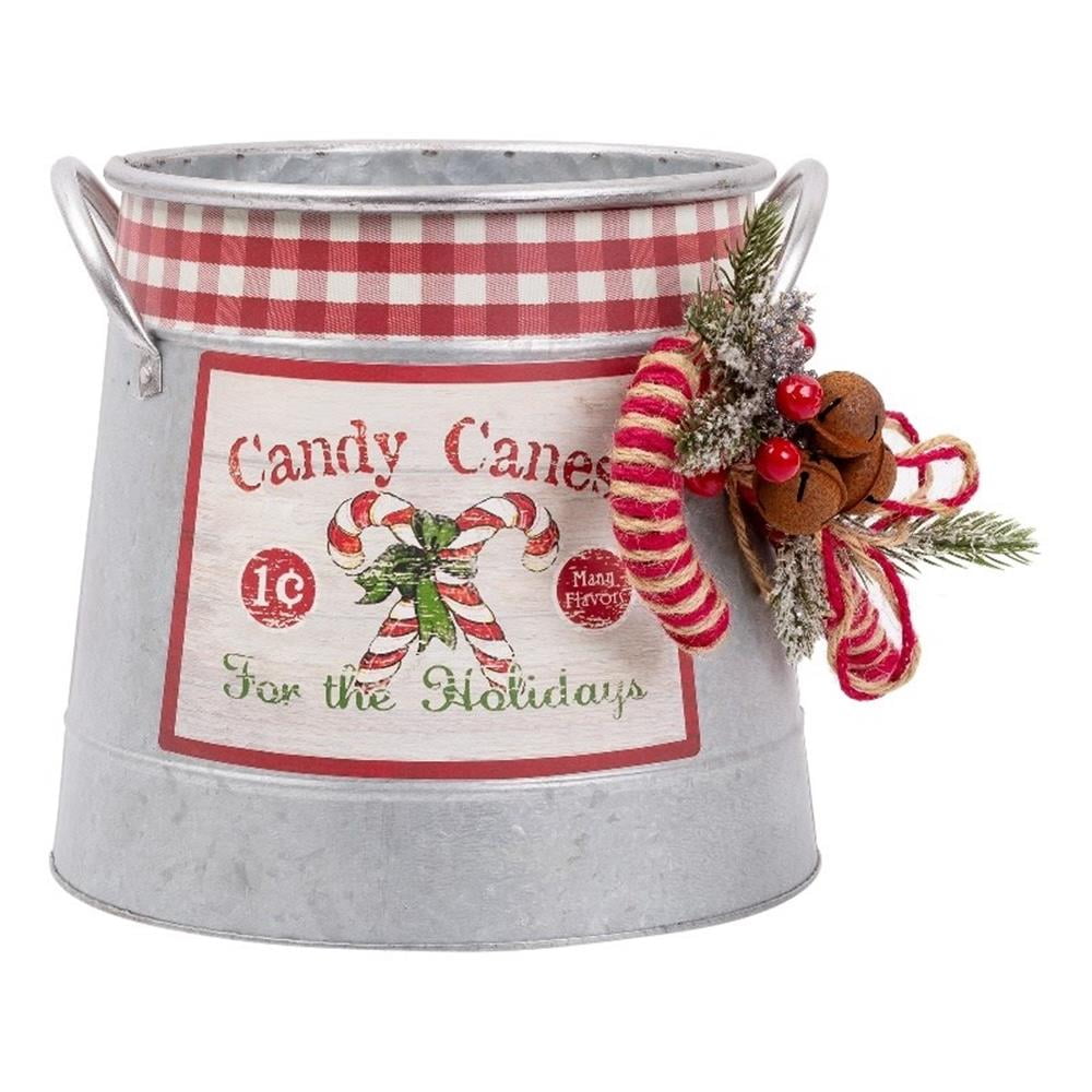 9" Galvanized Metal Candycane Bucket w/Pine & Jingle - Walmart.com