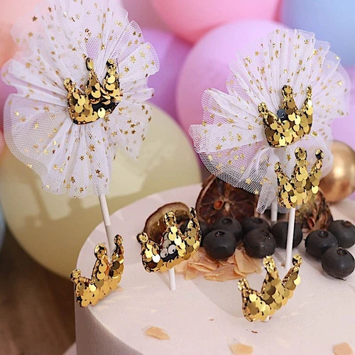 9 Gold And White Mini Sequin Crown Cake Topper Decoration Set Party ...
