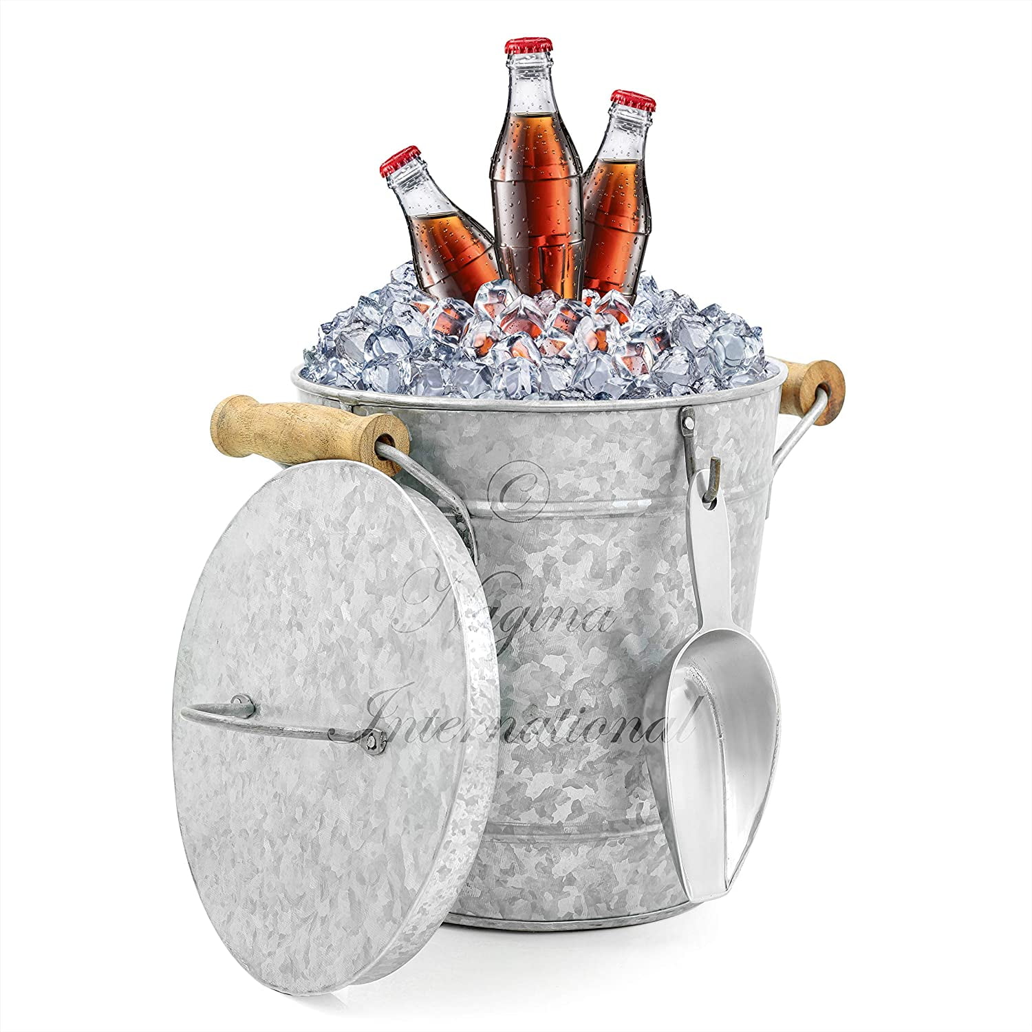 9" Grey Ice Buckets with Lid & Carry Wooden Handles | Conductive Cooler ...