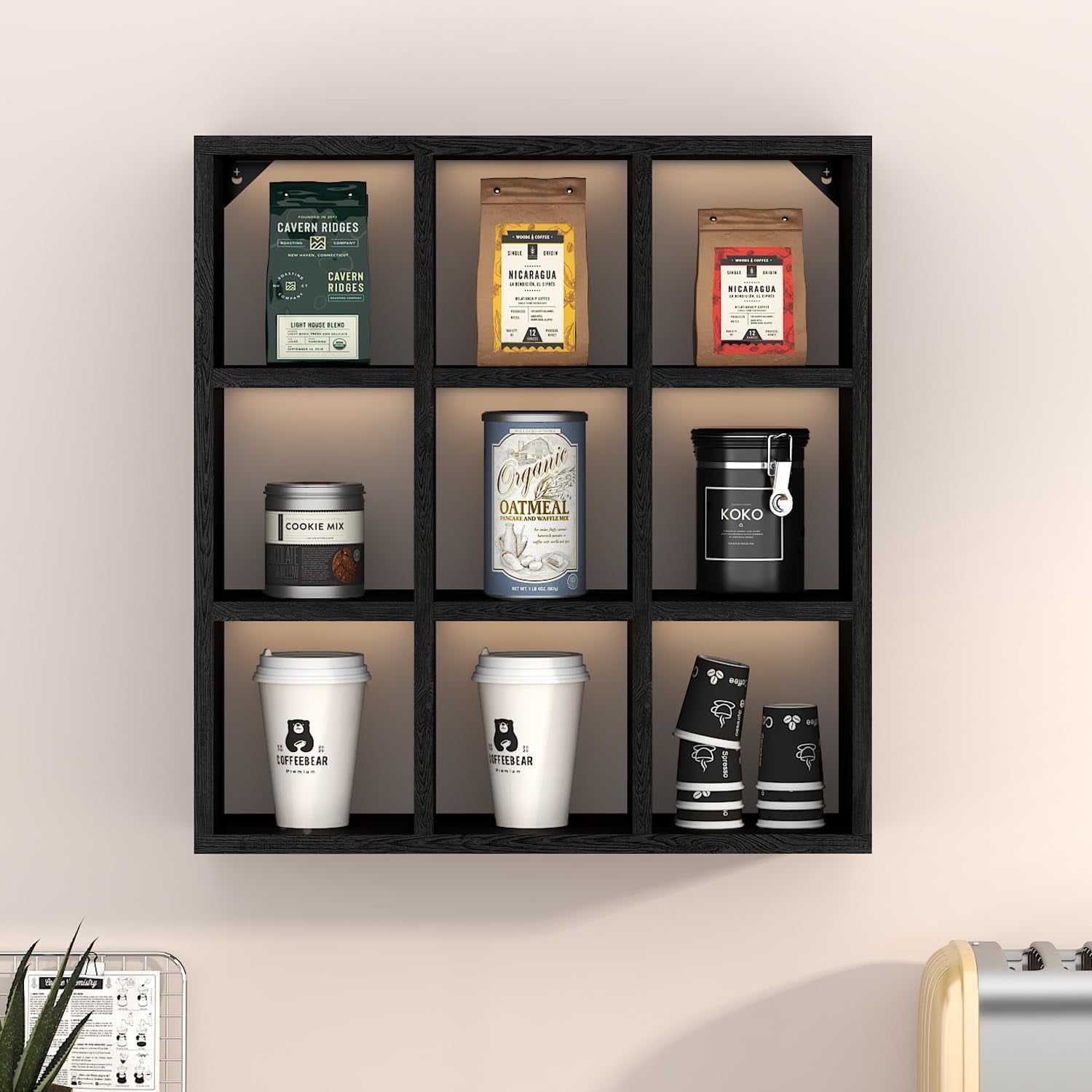 9 Grid Vintage Coffee Mug Display Rack, 16inch Wall Mounted Wooden ...