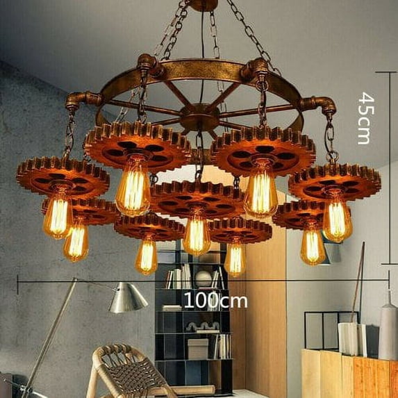 9-Head Rustic Ceiling Light Pendant Lamp Steampunk Gear Chain ...