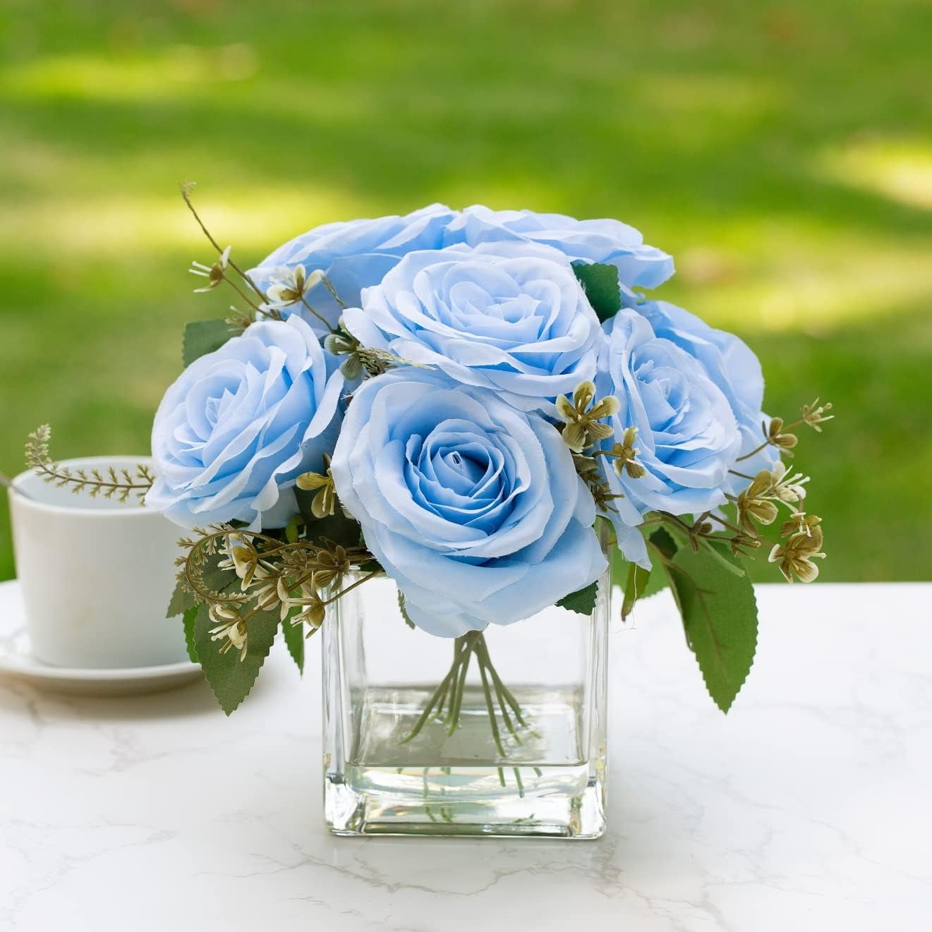 9 Heads Rose Artificial Flowers in Vase, Fake Rose Fake Flowers with ...