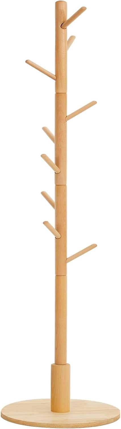 9-Hook Adjustable Coat Stand - Free-Standing Beech Wood Coat Rack for ...