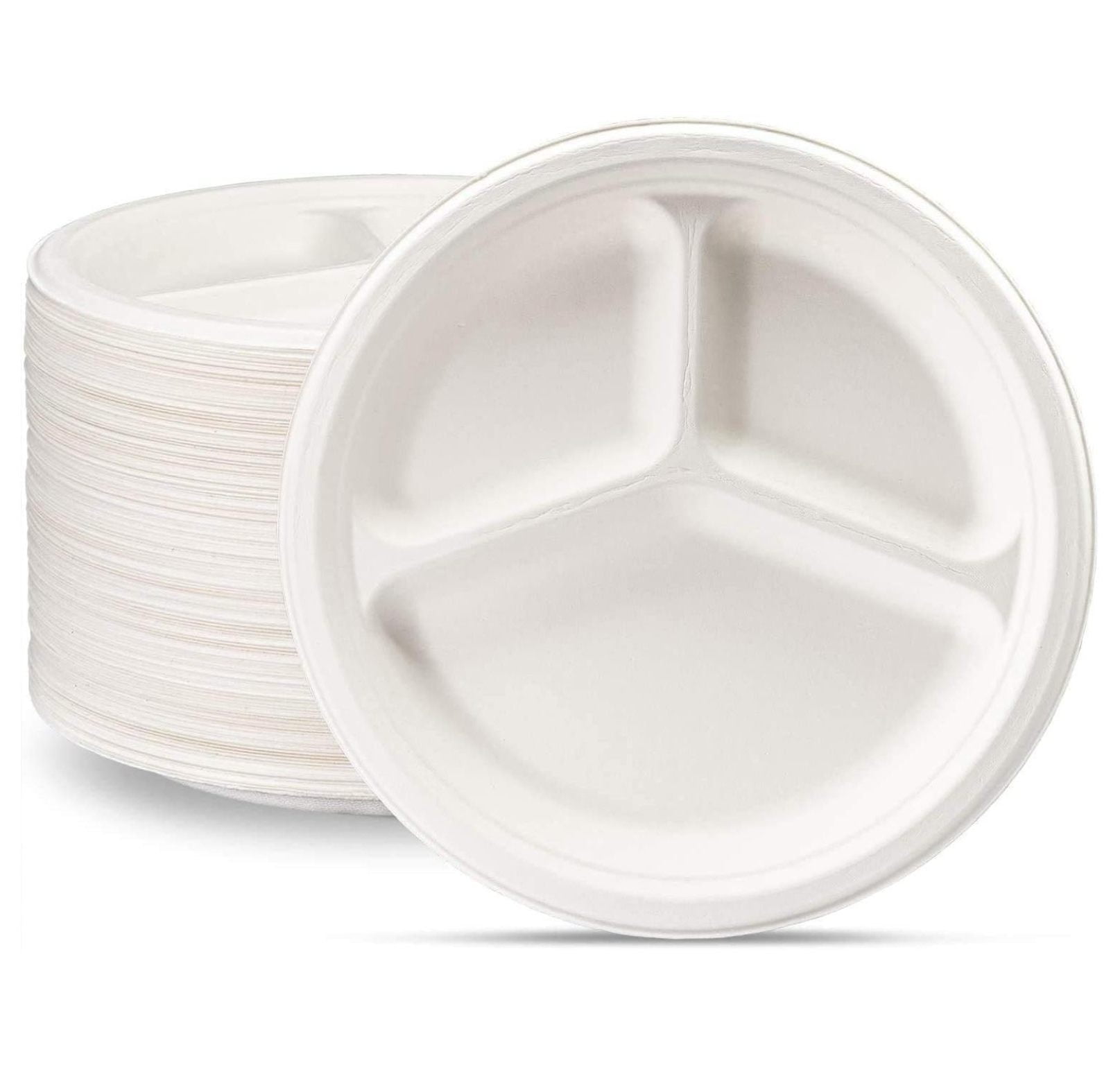 [9 Inch - 125 Pack 100% Compostable 3 Compartment Paper Plates, White ...