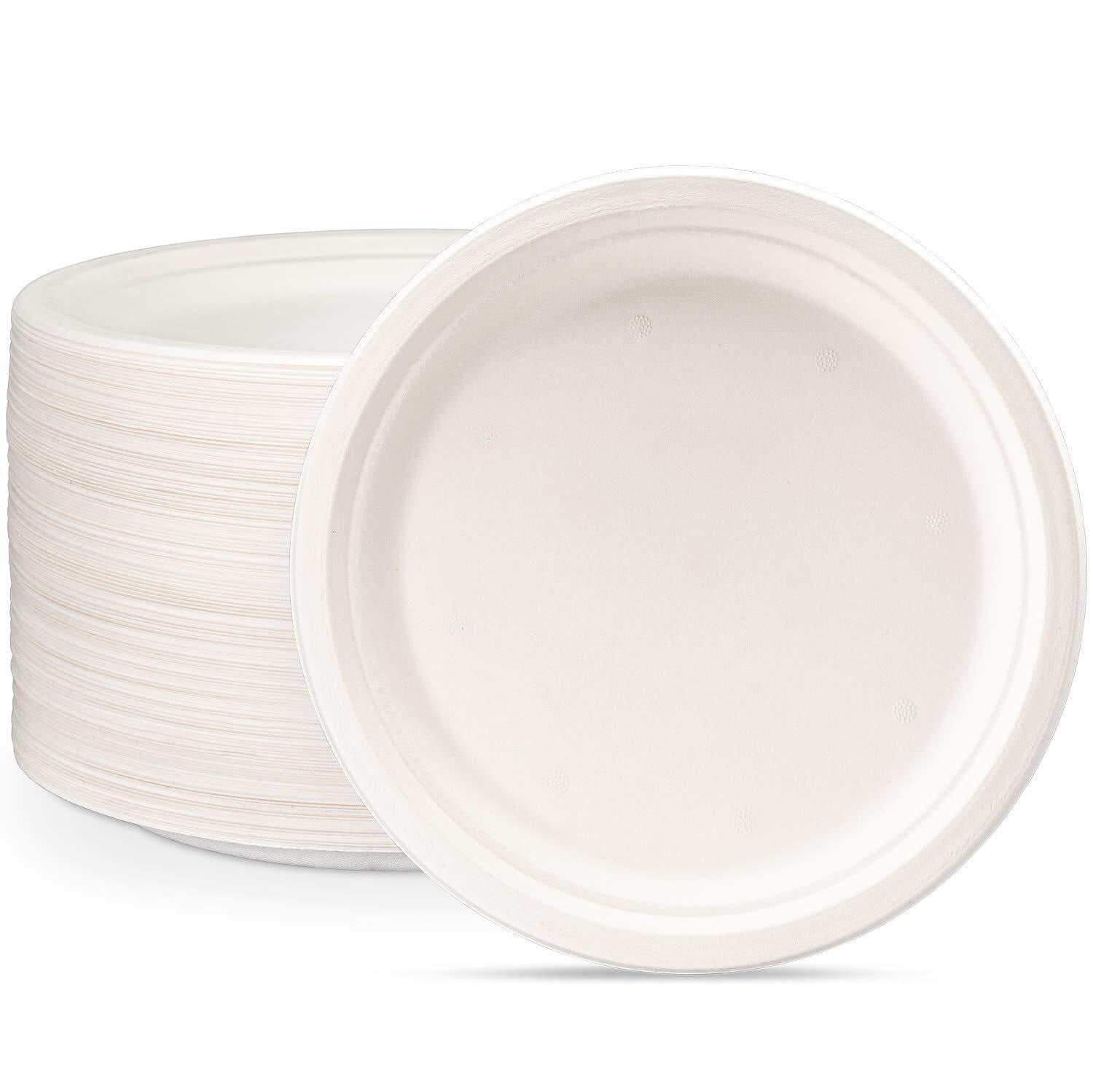 9 Inch - 125 Pack Heavy-Duty White Paper Plates, 100% Compostable, Eco ...