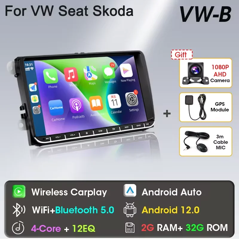 9 Inch 2Din Car Radio CarPlay Android 12 Auto Stereo For VW Volkswagen ...