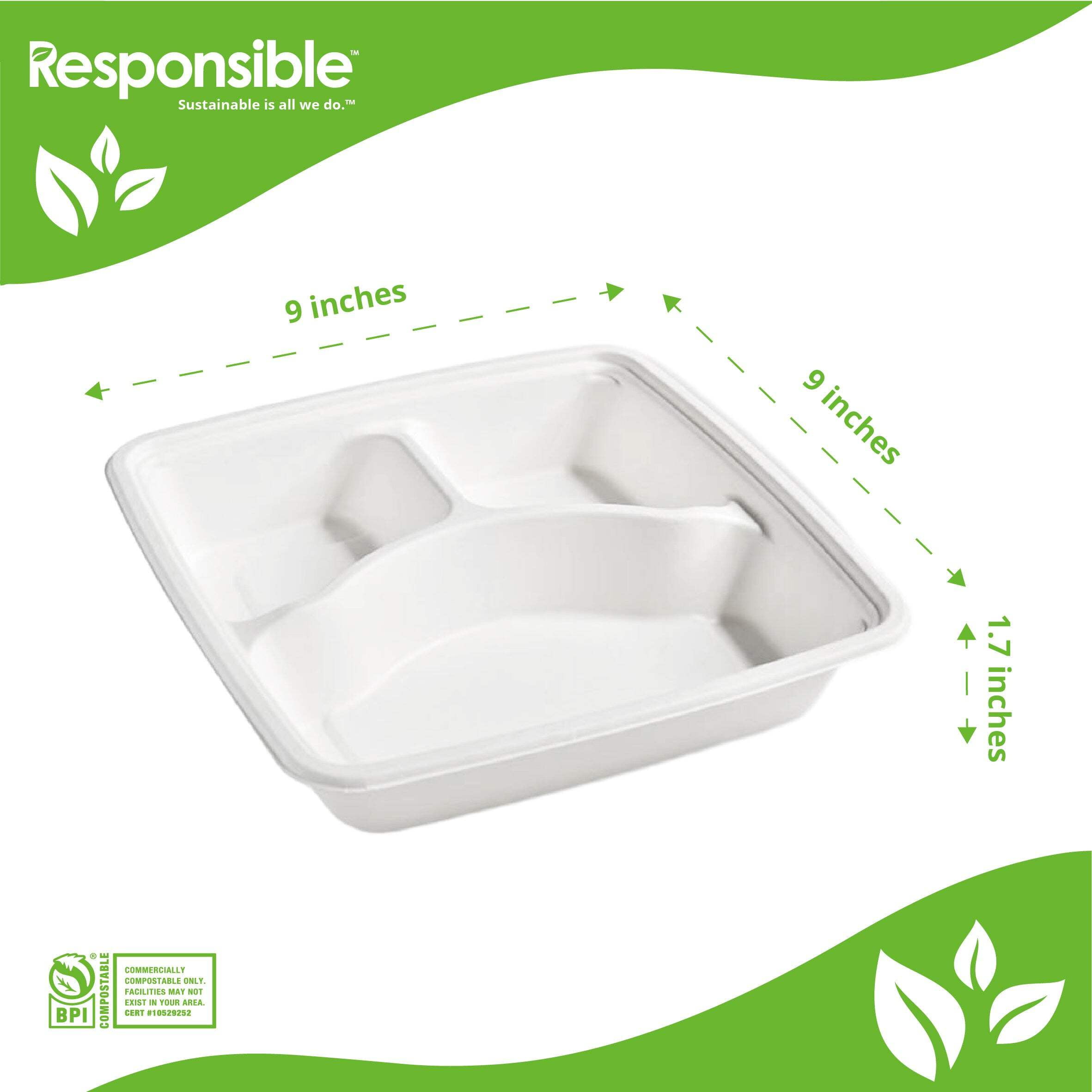 9 Inch 3-Compartment Square Plates | Tree-Less™ Compostable Molded ...