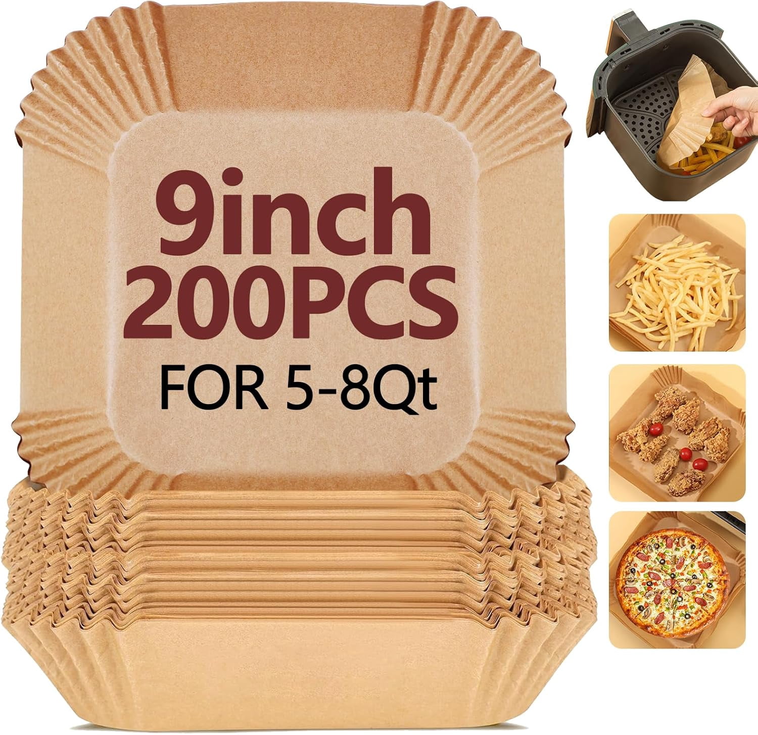 9 Inch Air Fryer Liners Disposable-200PCS Square Parchment Paper Liners ...