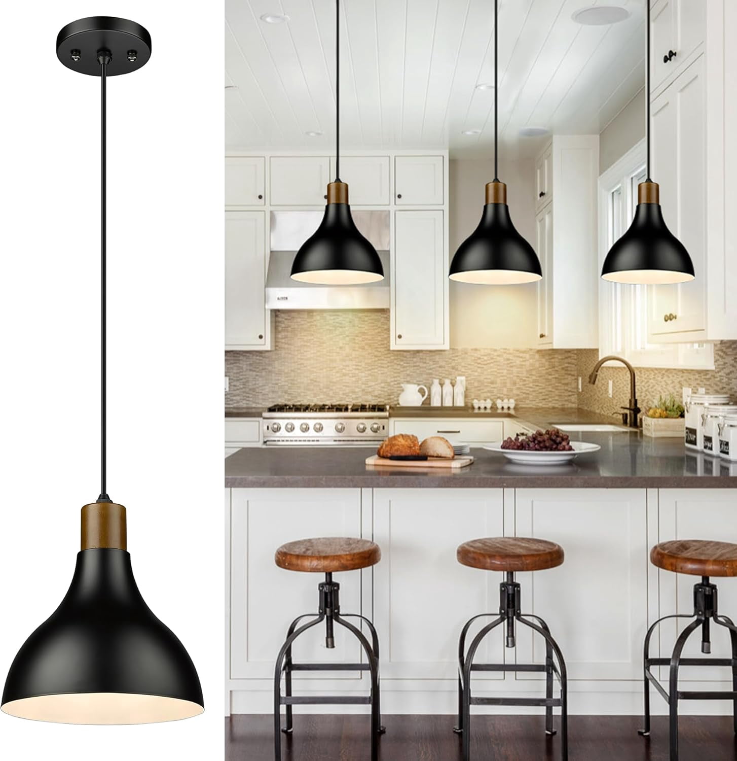 9 Inch Black Wood Pendant Light Fixture for Kitchen Island Dome ...