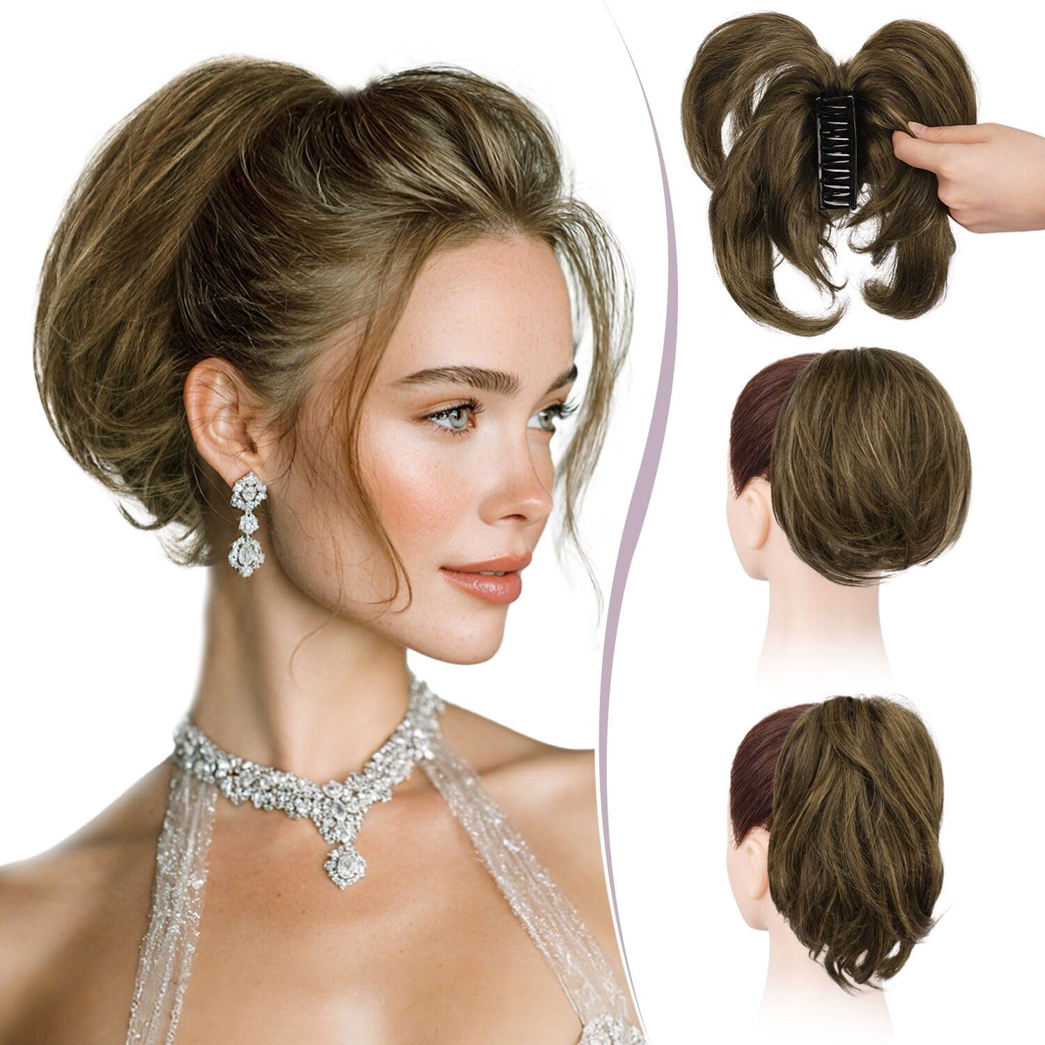 9 Inch Brown Mixed Straight Messy Bun Claw Clip Short Human Hair ...