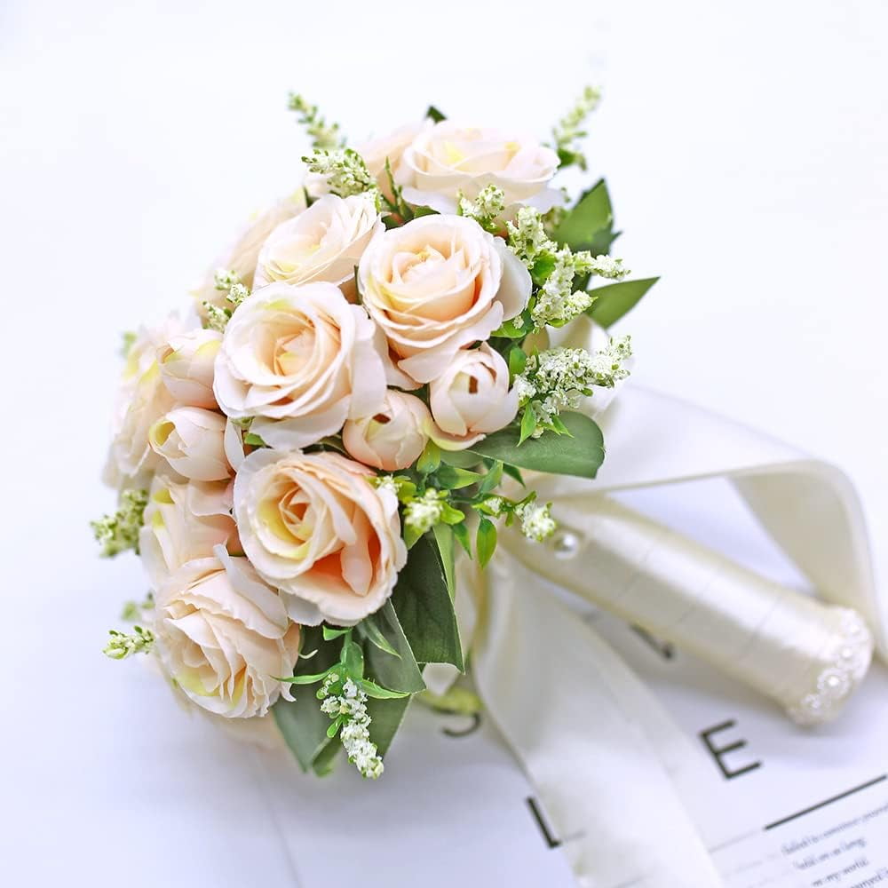 9 Inch Champagne Wedding Bouquet, Artificial Roses Flowers Bouquet for Bride Bridesmaids ...