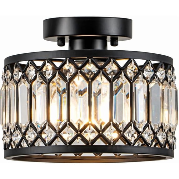 9 Inch Crystal Ceiling Light, Black Flush Mount Ceiling Light Fixture ...